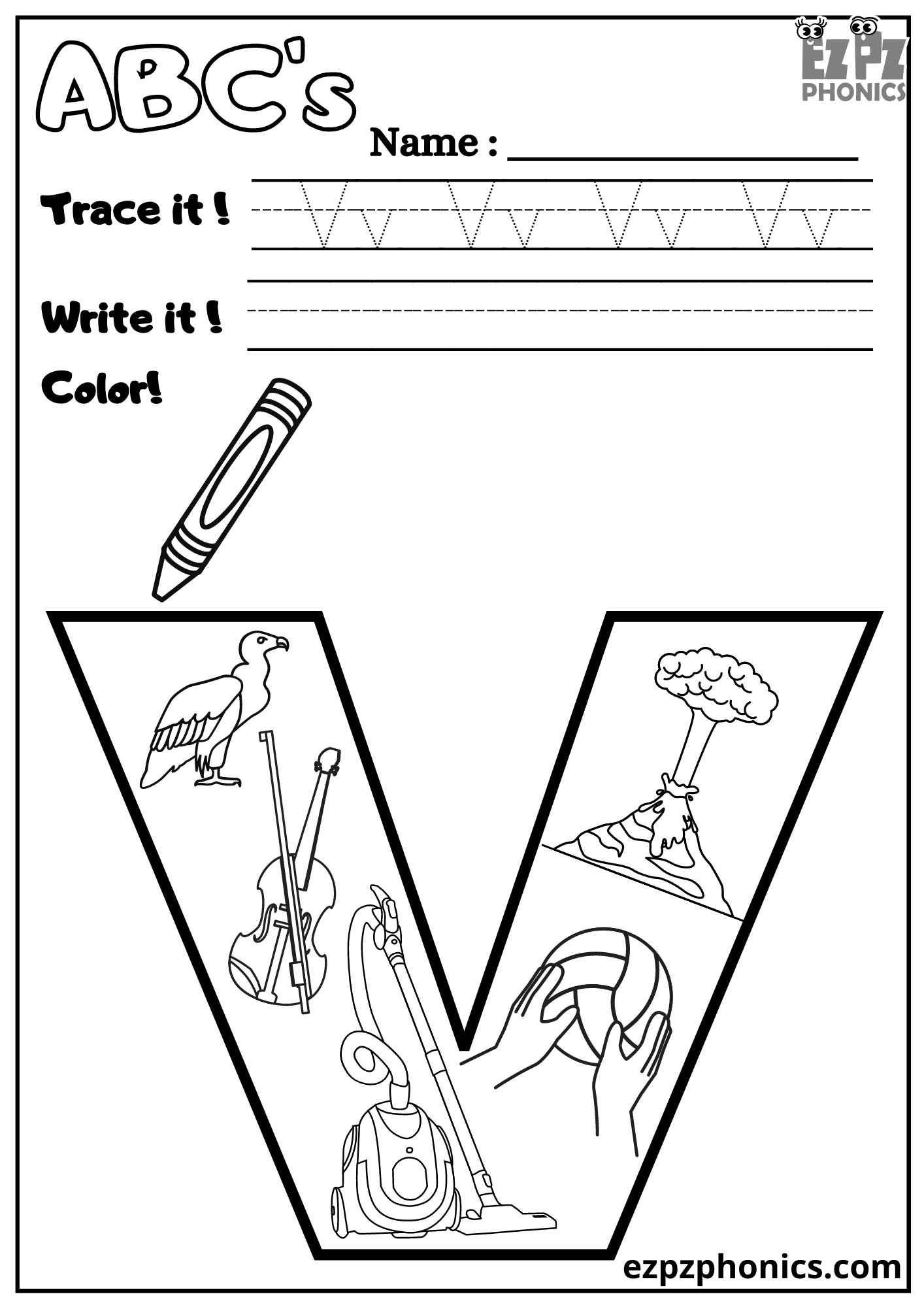 Letter V Trace, Write, and Color - ezpzphonics.com