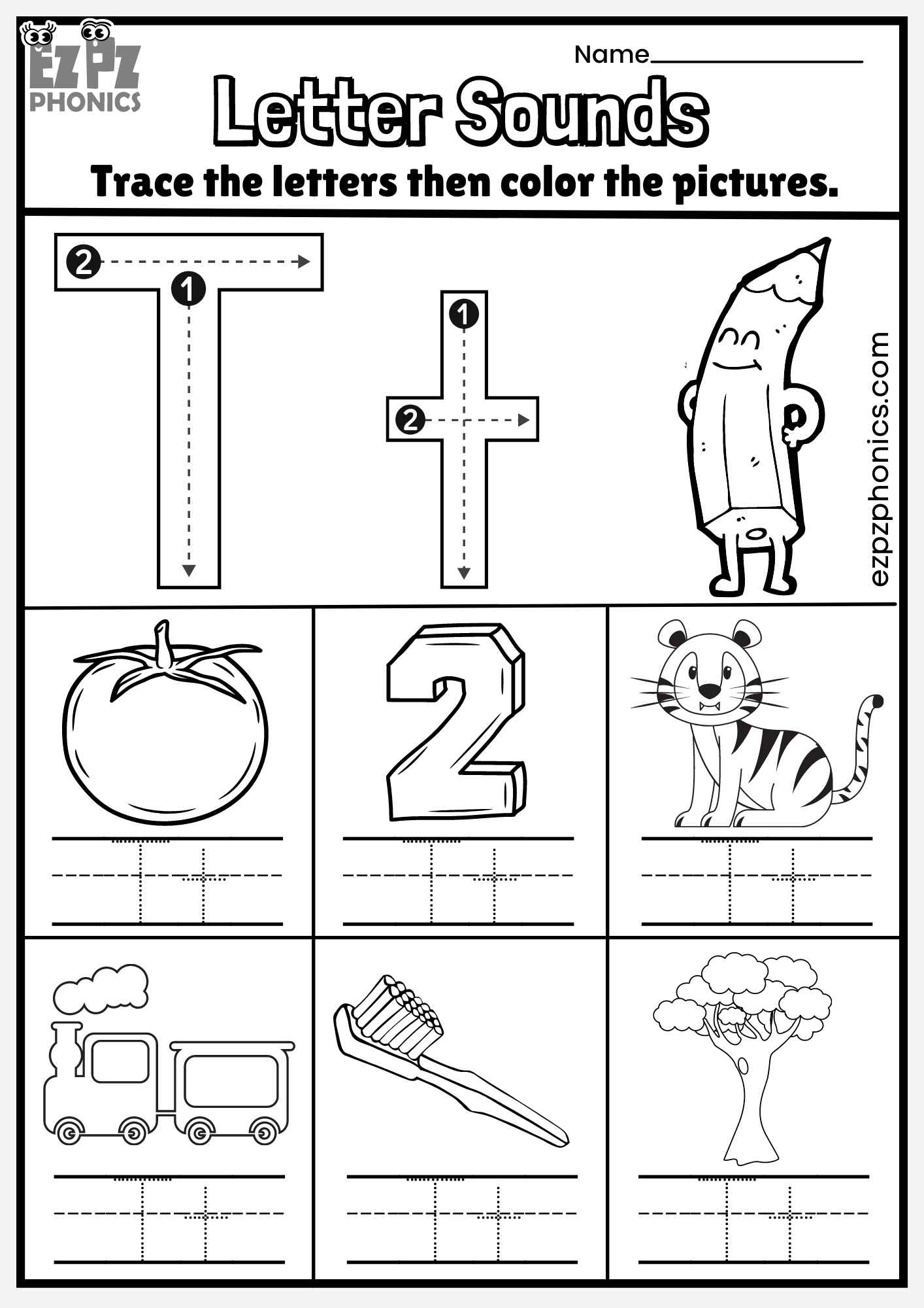 Letter Tt Trace and Color the Pictures Free PDF Download - ezpzphonics.com