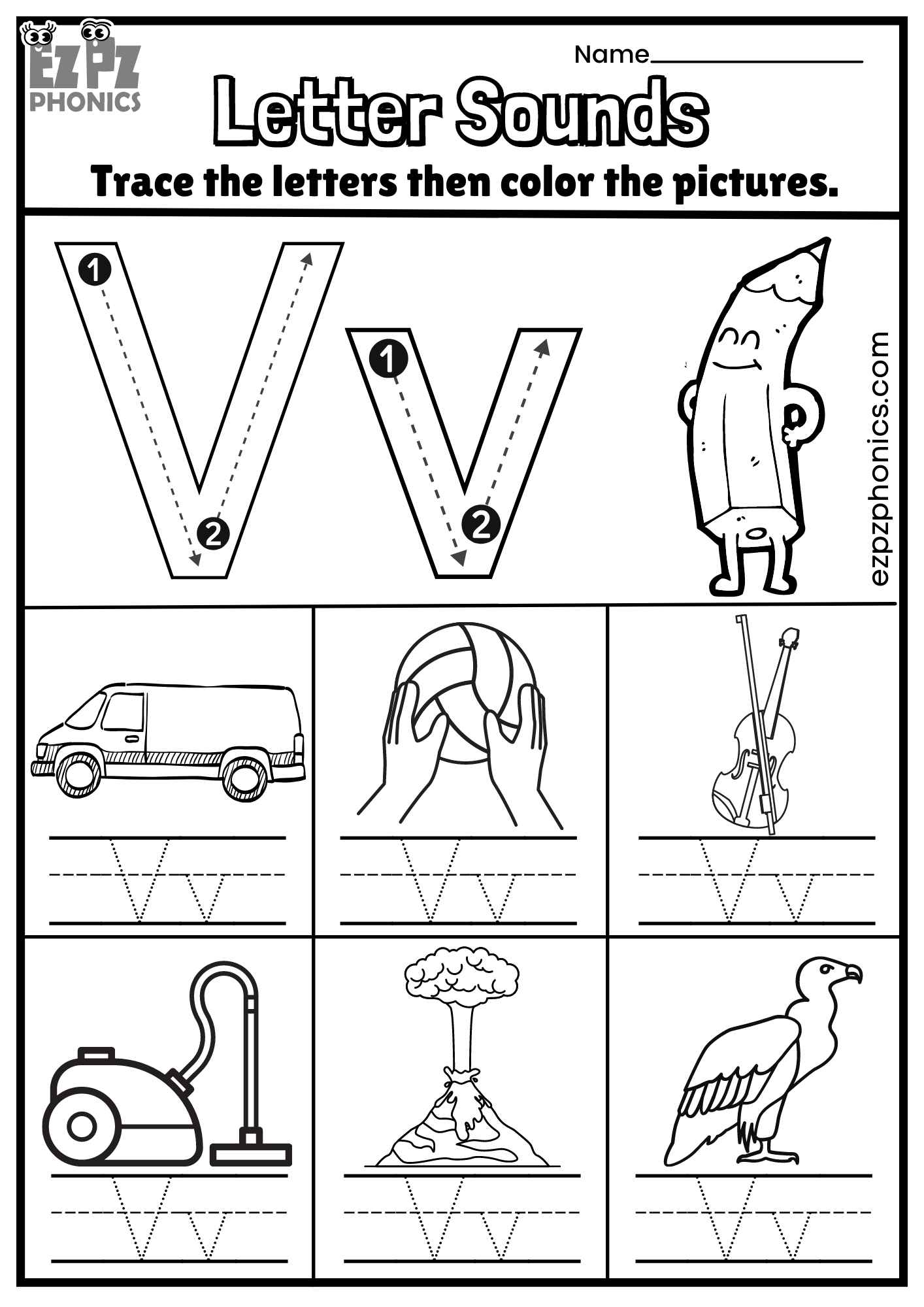 Letter Vv Trace and Color the Pictures Free PDF Download - ezpzphonics.com