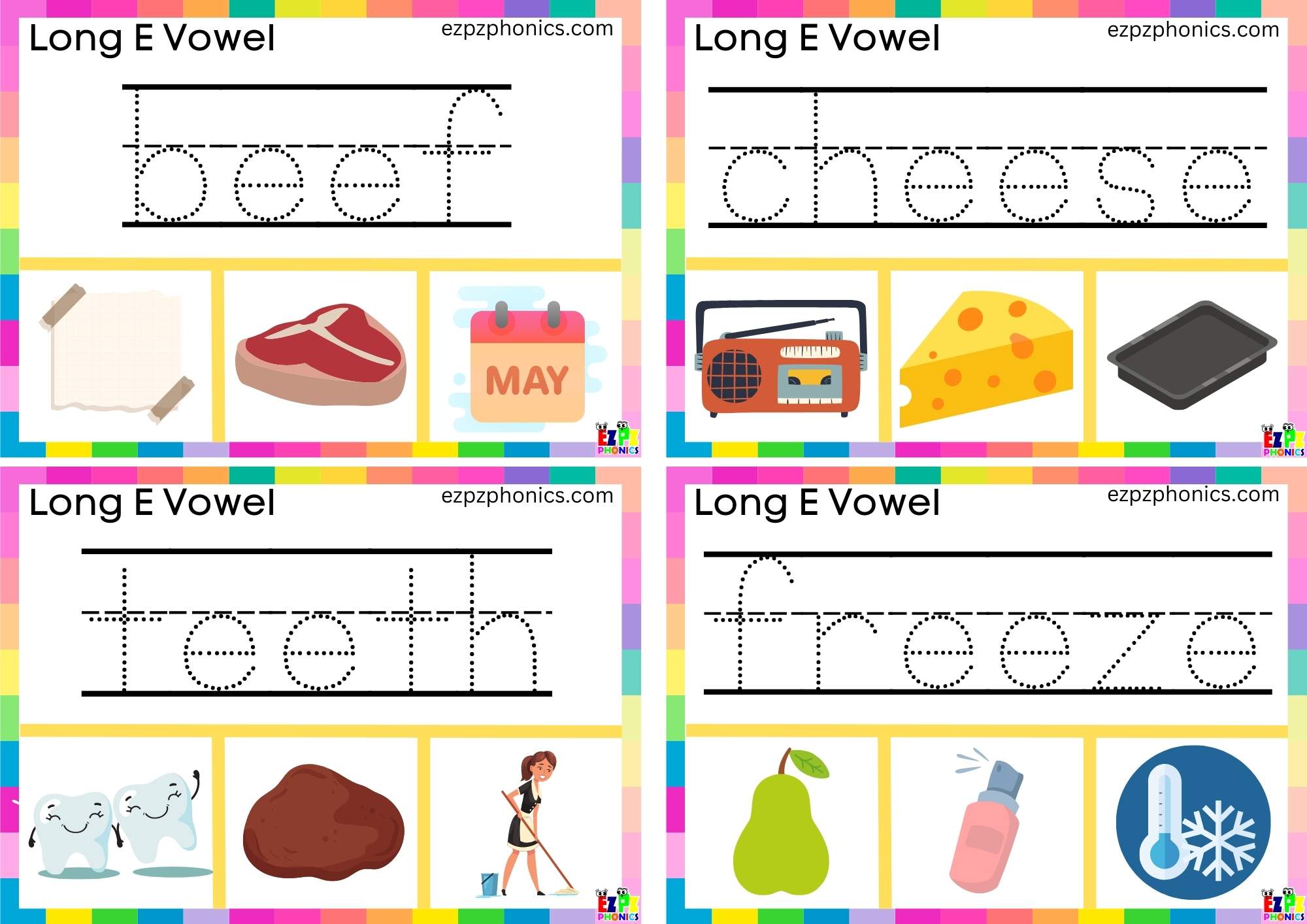 Write the word and clip the image Clip cards for long e vowel ee words ...