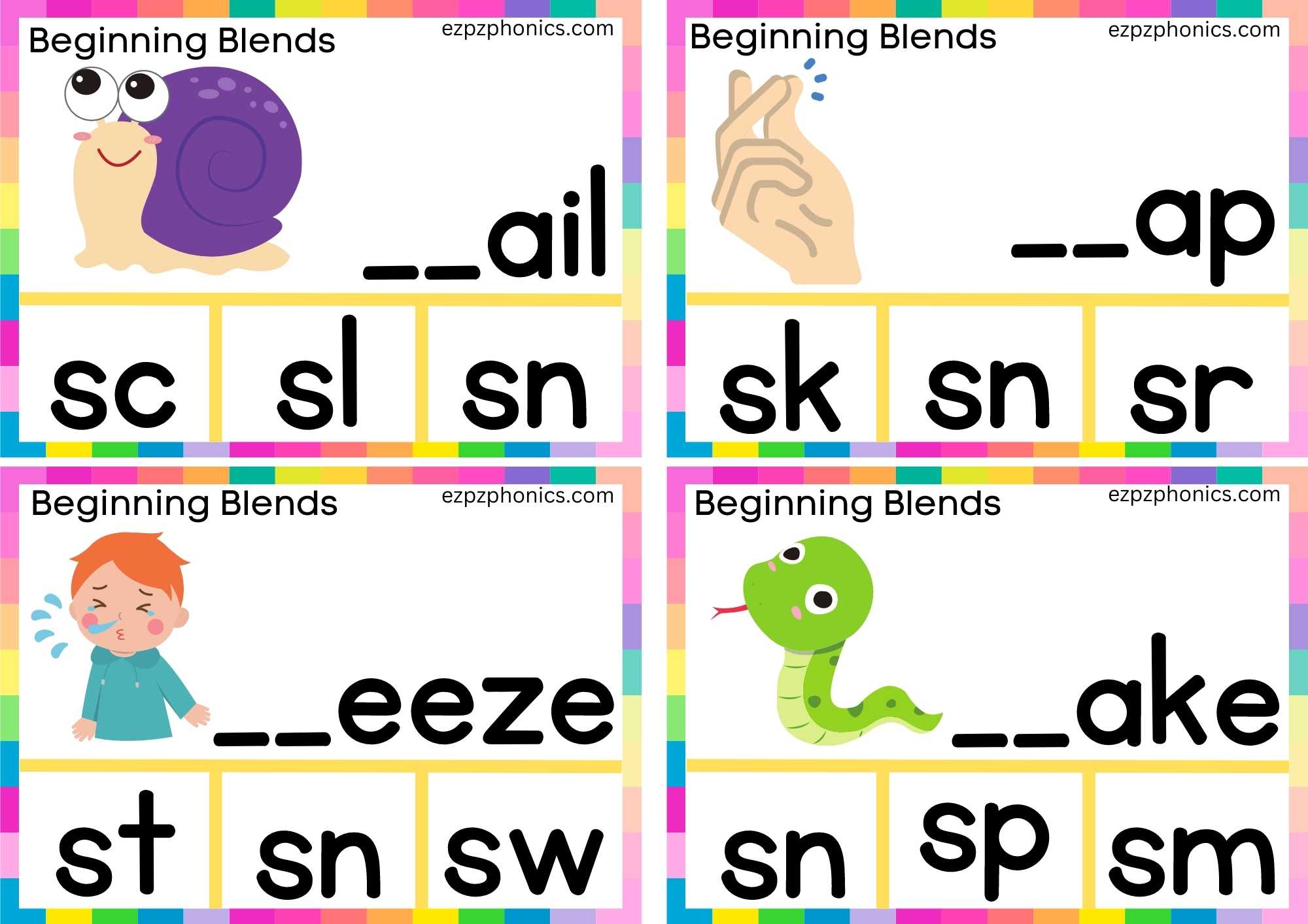 SN Beginning Blends Clip Cards Finish The Words And Clip The Correct ...