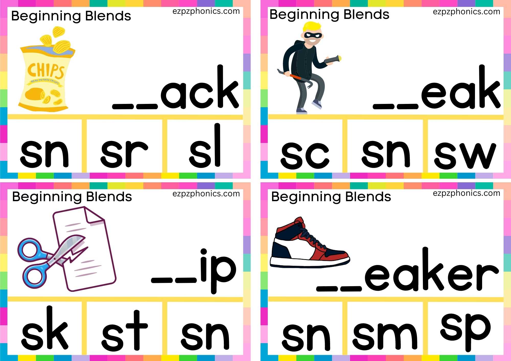 SN Beginning Blends Clip Cards Finish The Words And Clip The Correct ...