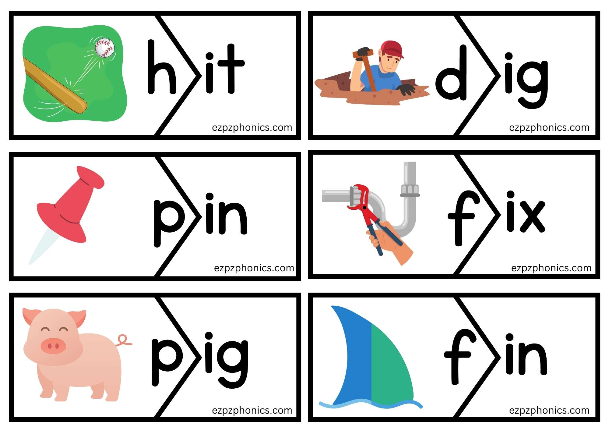 Short i Vowel CVC words Puzzle match game 2 - ezpzphonics.com