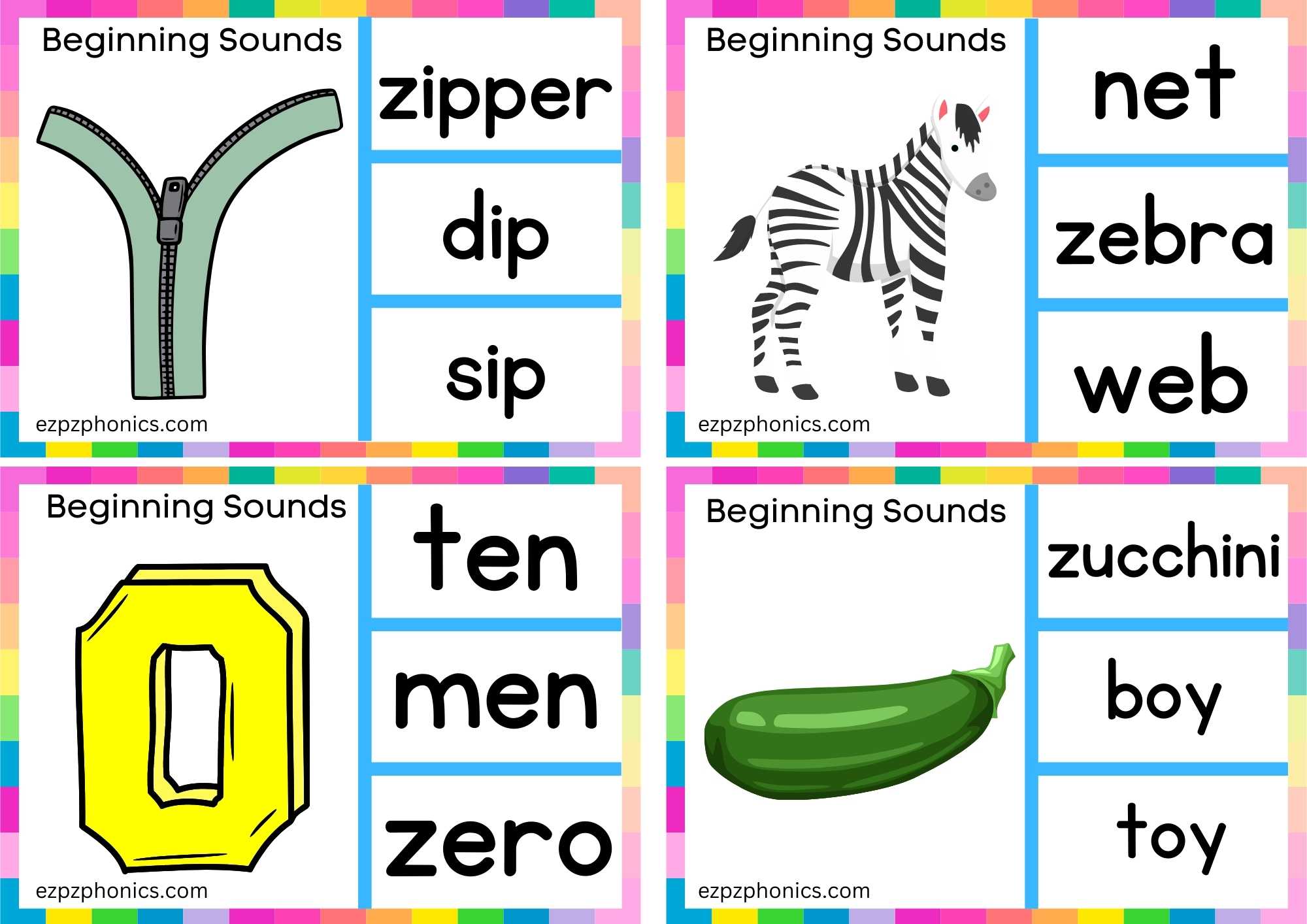 3 Z Beginning Sound Clip Cards - ezpzphonics.com