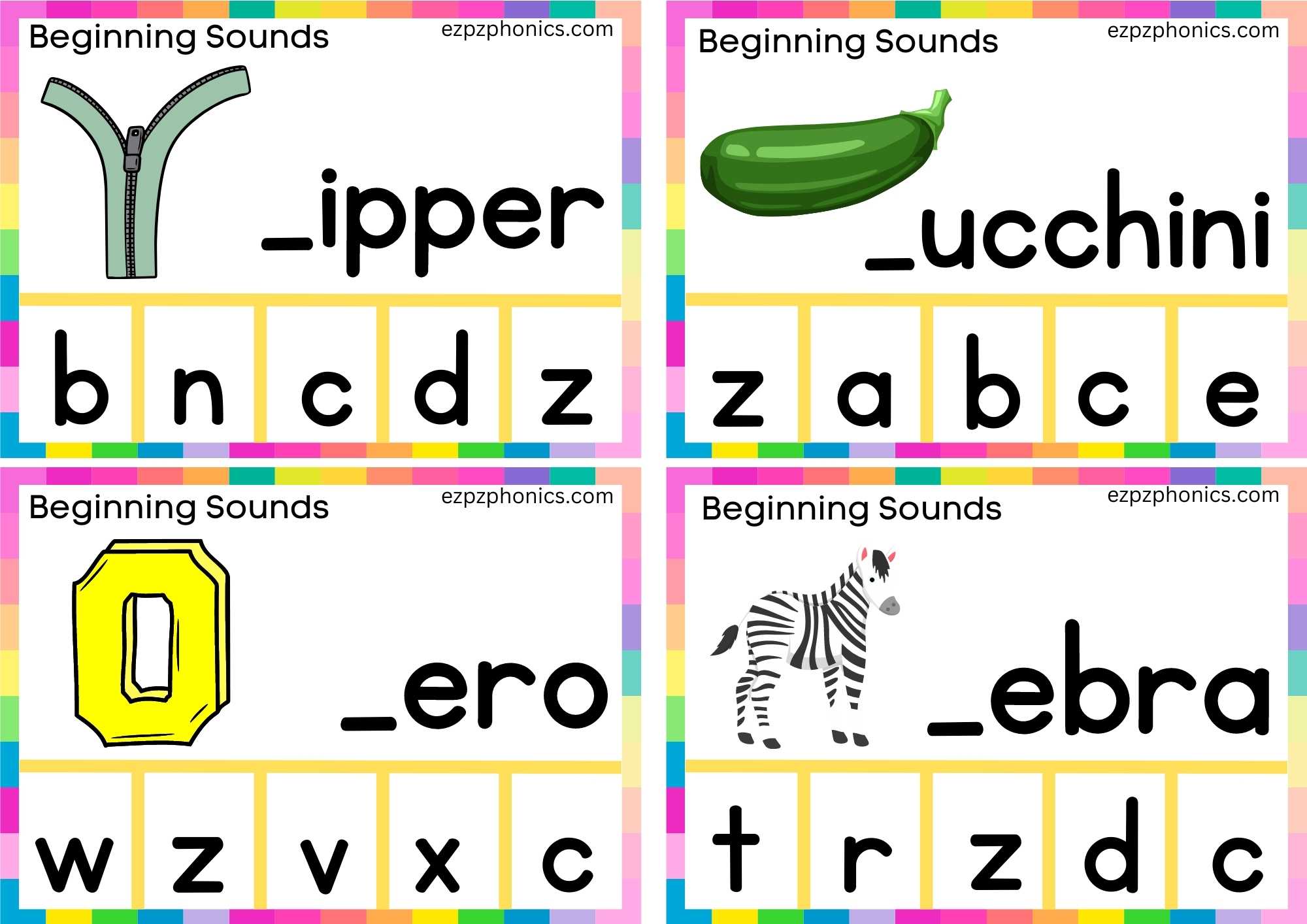 5 Z Beginning Sound Clip Cards - ezpzphonics.com