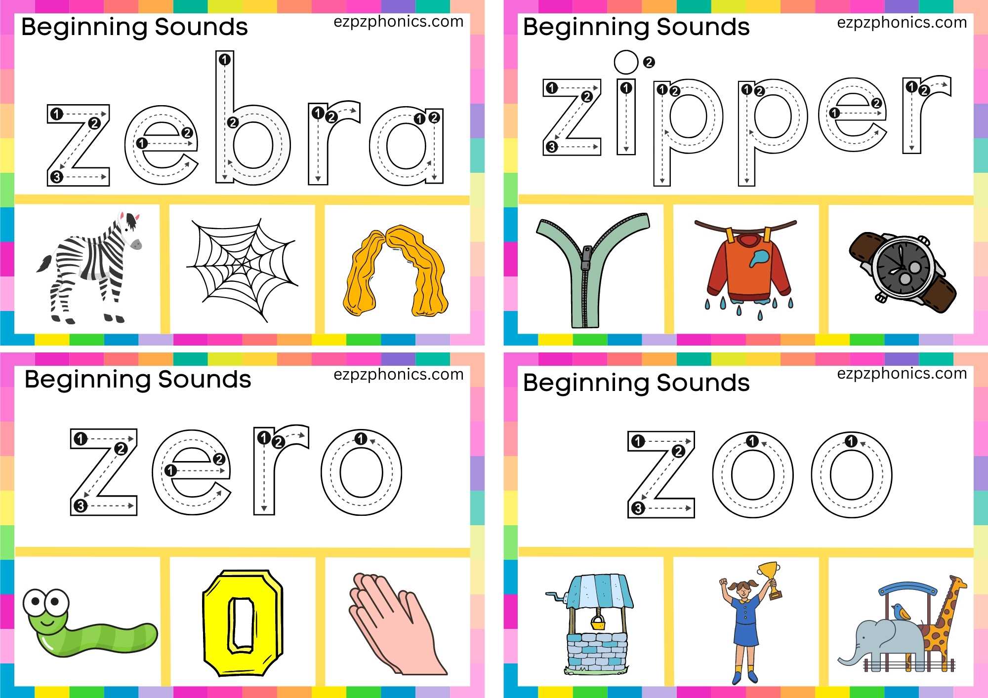 6 Z Beginning Sound Clip Cards - ezpzphonics.com