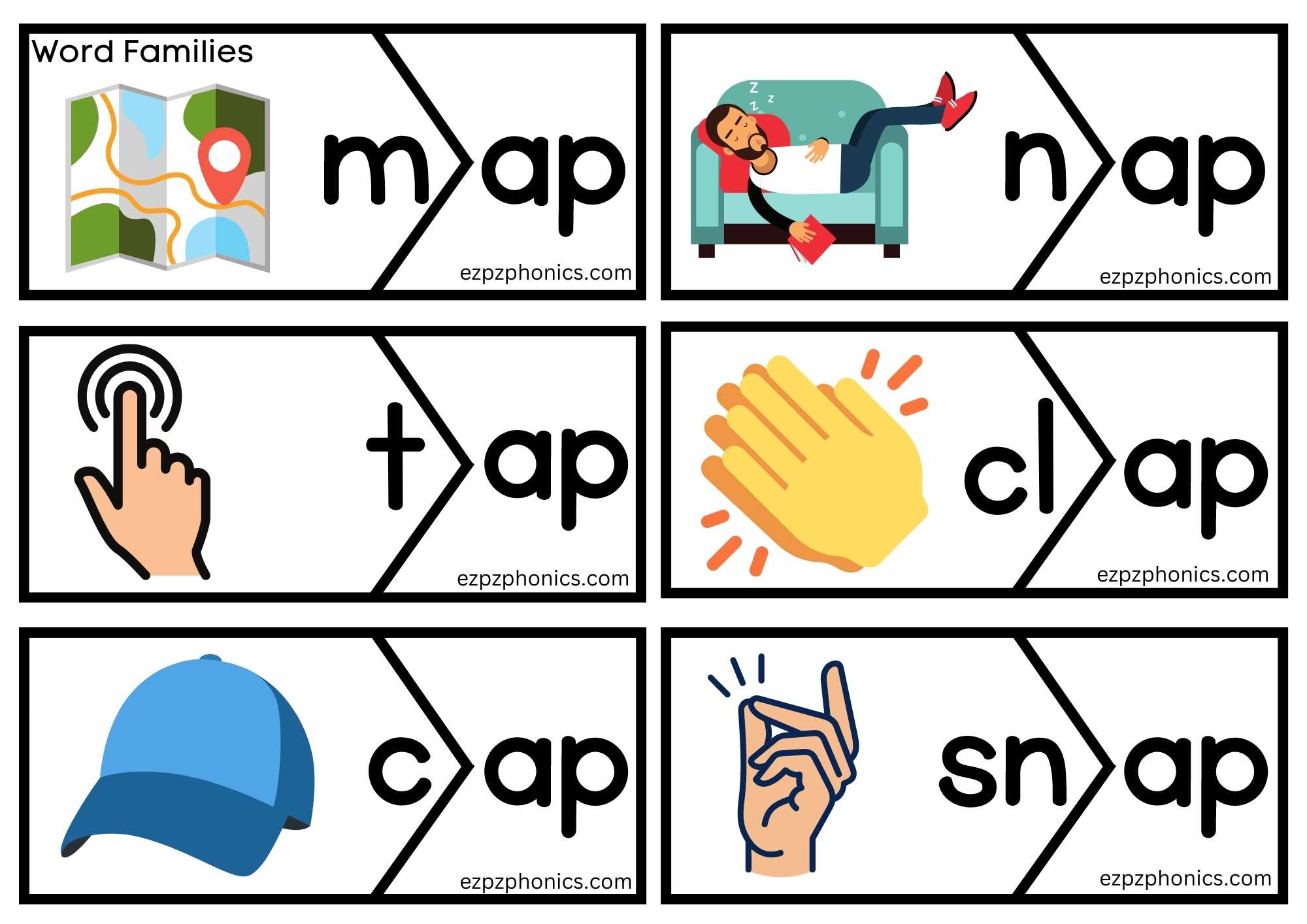 Word Family ap puzzle match This set includes the words; cap, snap ...