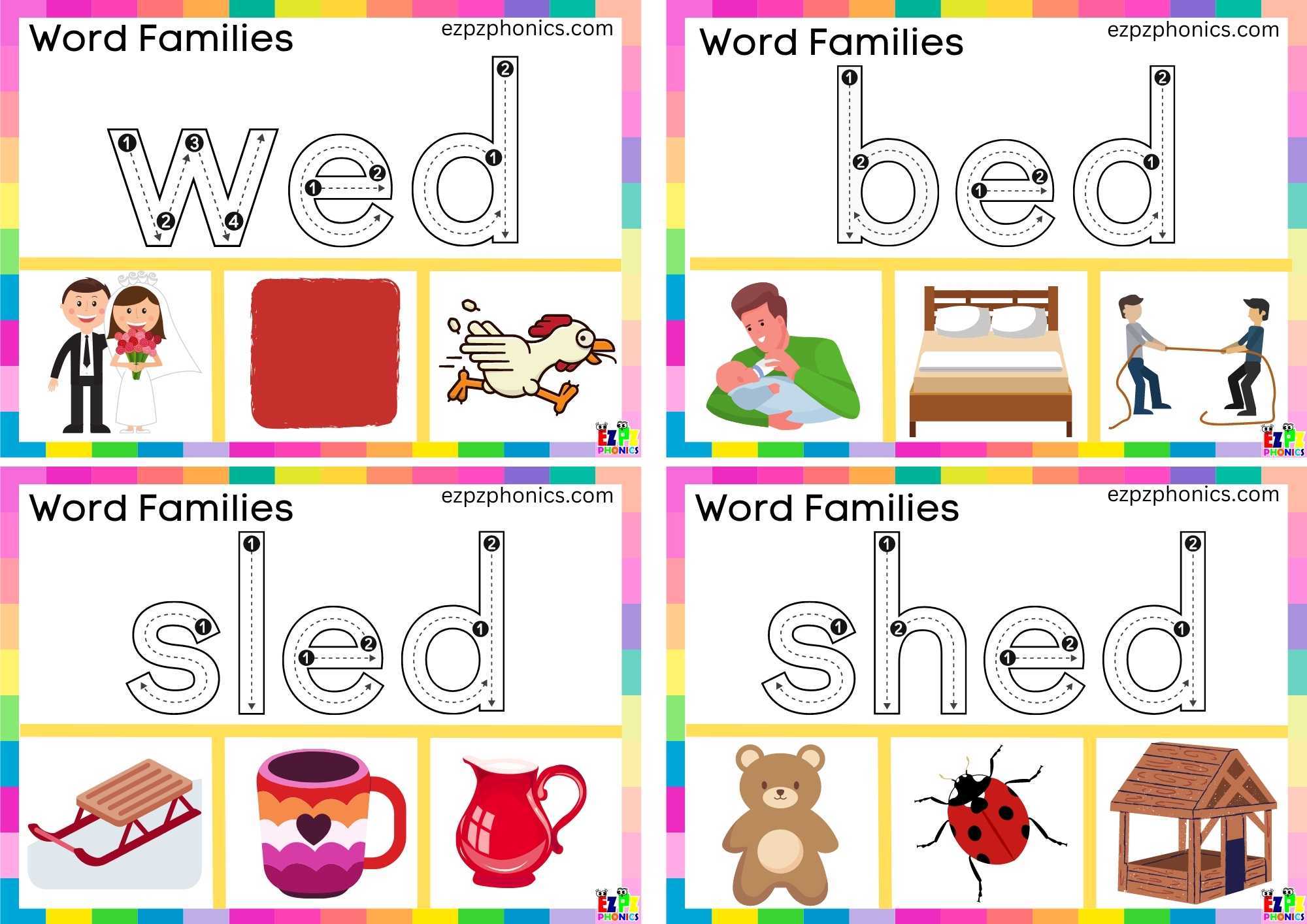 Word Family ed trace the word and clip the correct image Clip cards ...