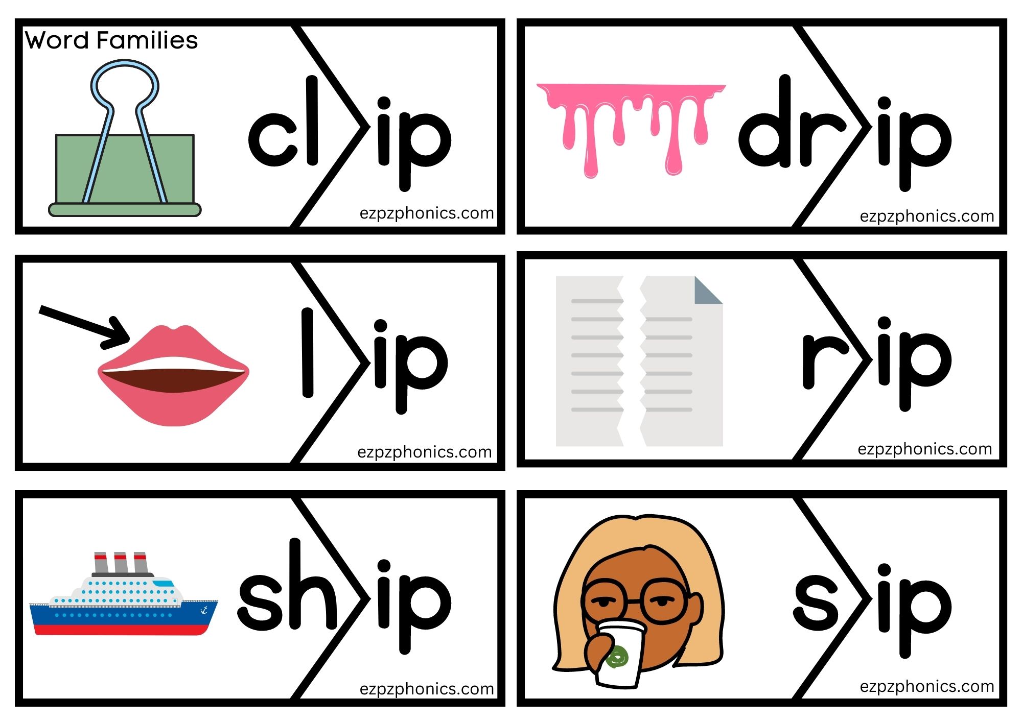 Puzzle match activity for kids. Word Family ip Phonics - ezpzphonics.com