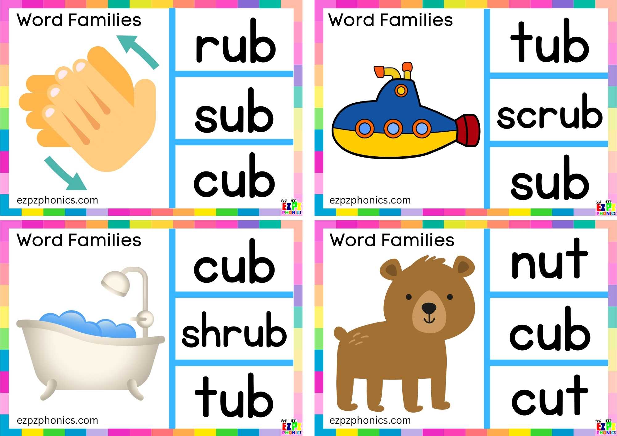 Look at the image and clip the correct word Clip cards for word family ...