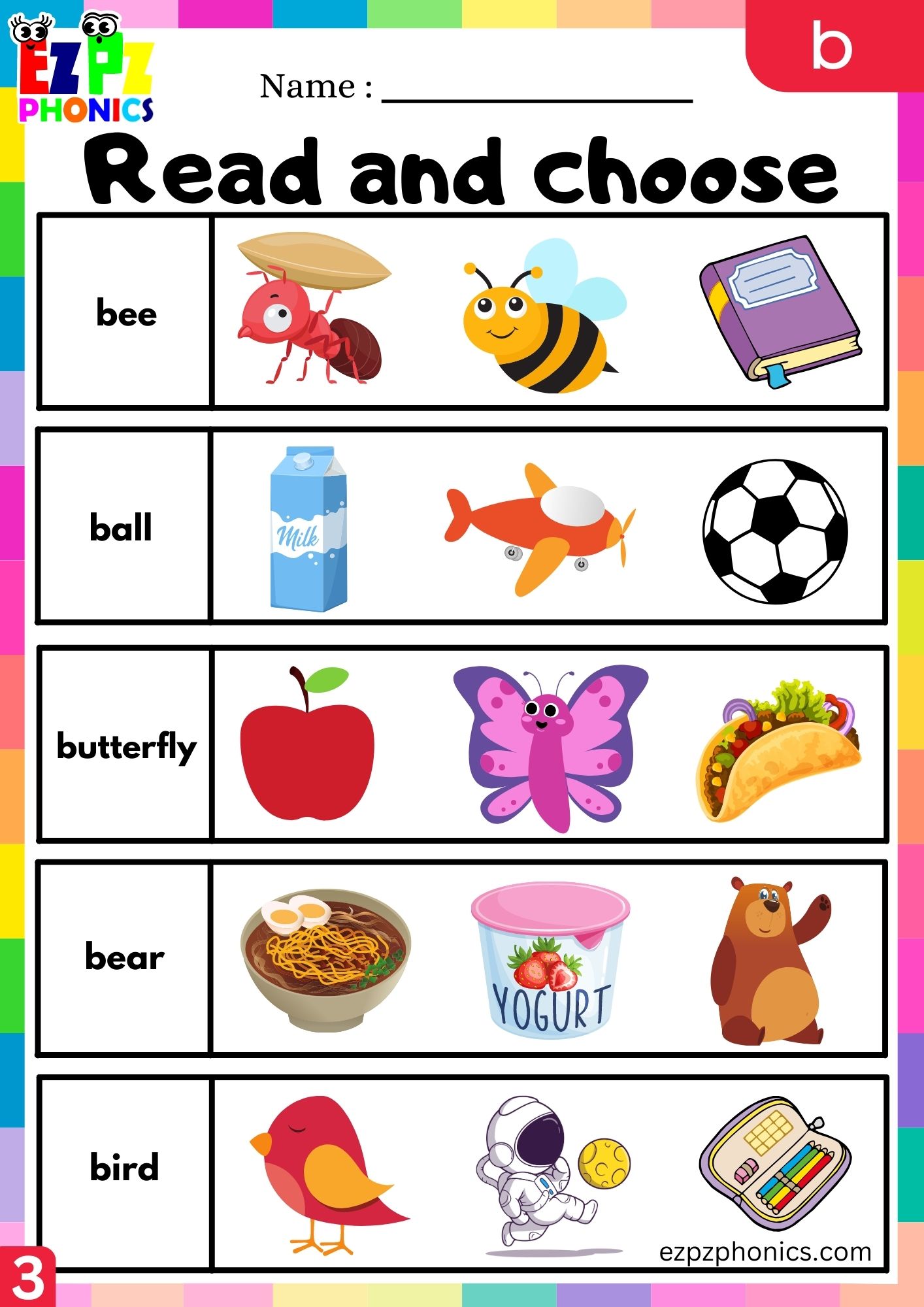 Letter b Read and Choose Activity for Kids Group 3 - ezpzphonics.com