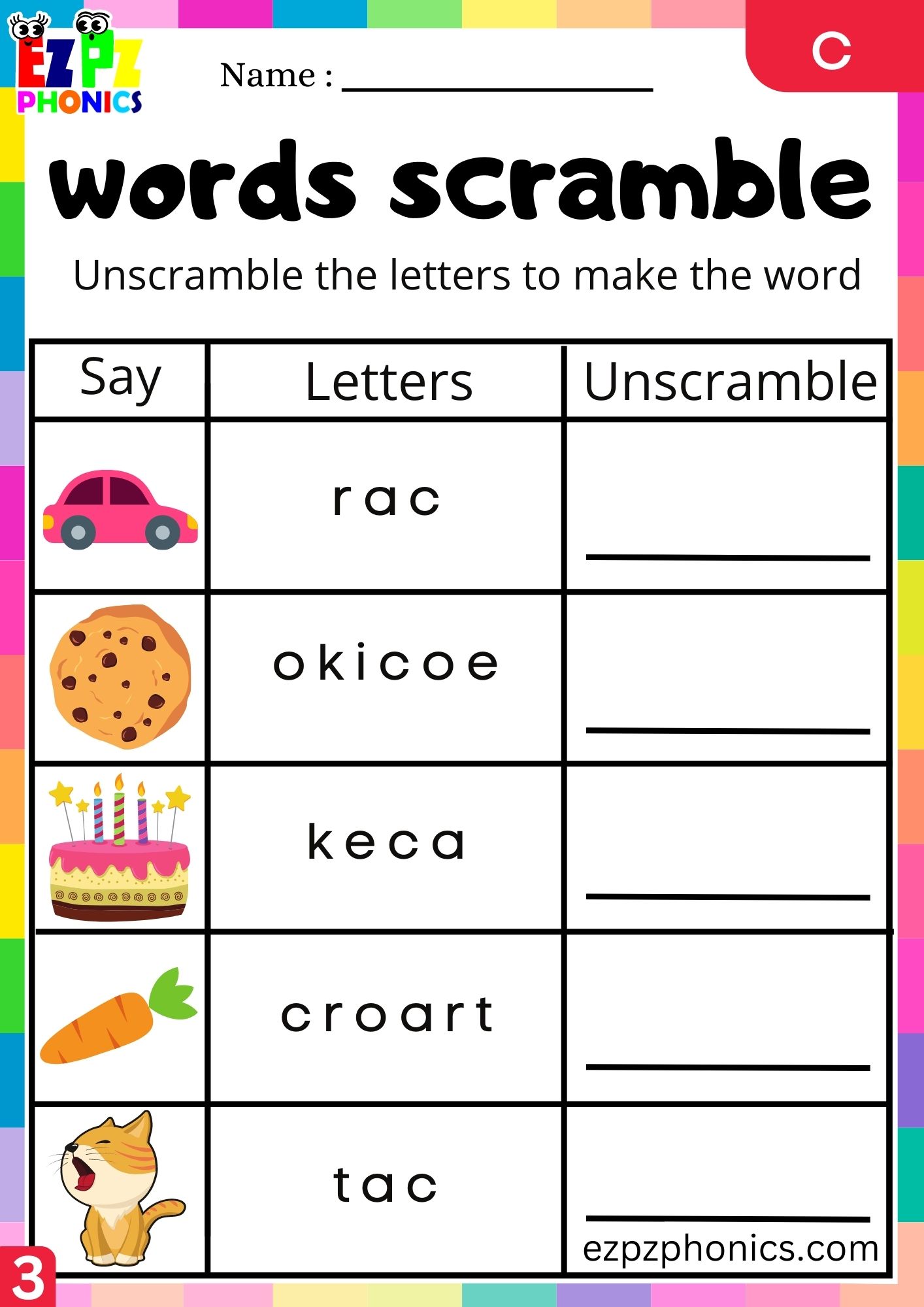 Letter c Word Scramble Activity for Kids Group 3 - ezpzphonics.com