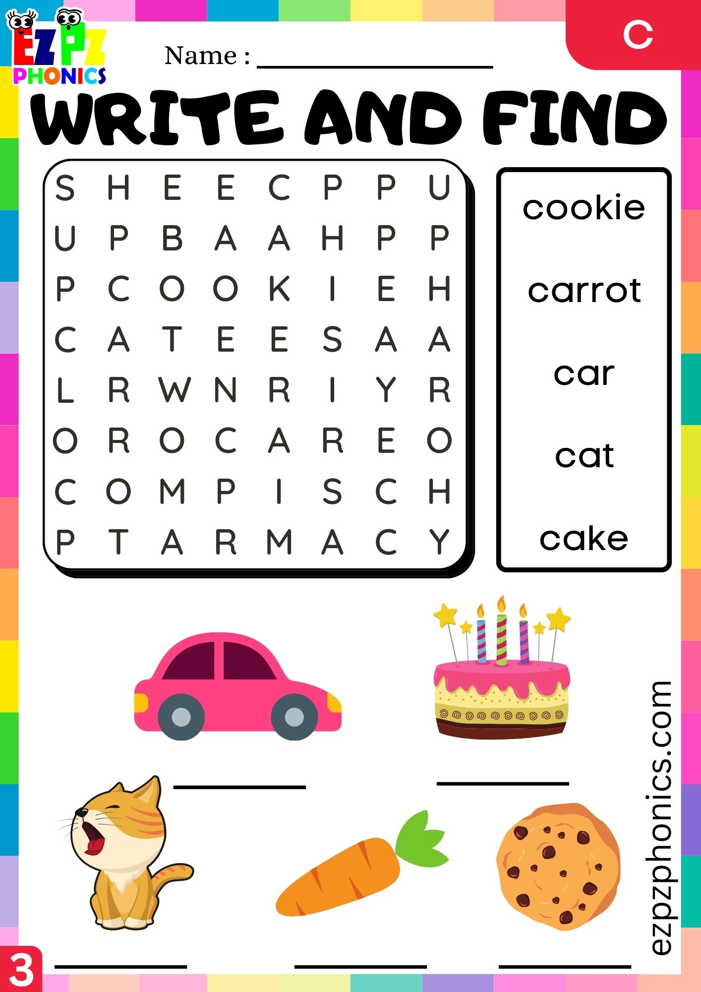 Letter c Word Search Phonics Activity for Kids Group 3 - ezpzphonics.com