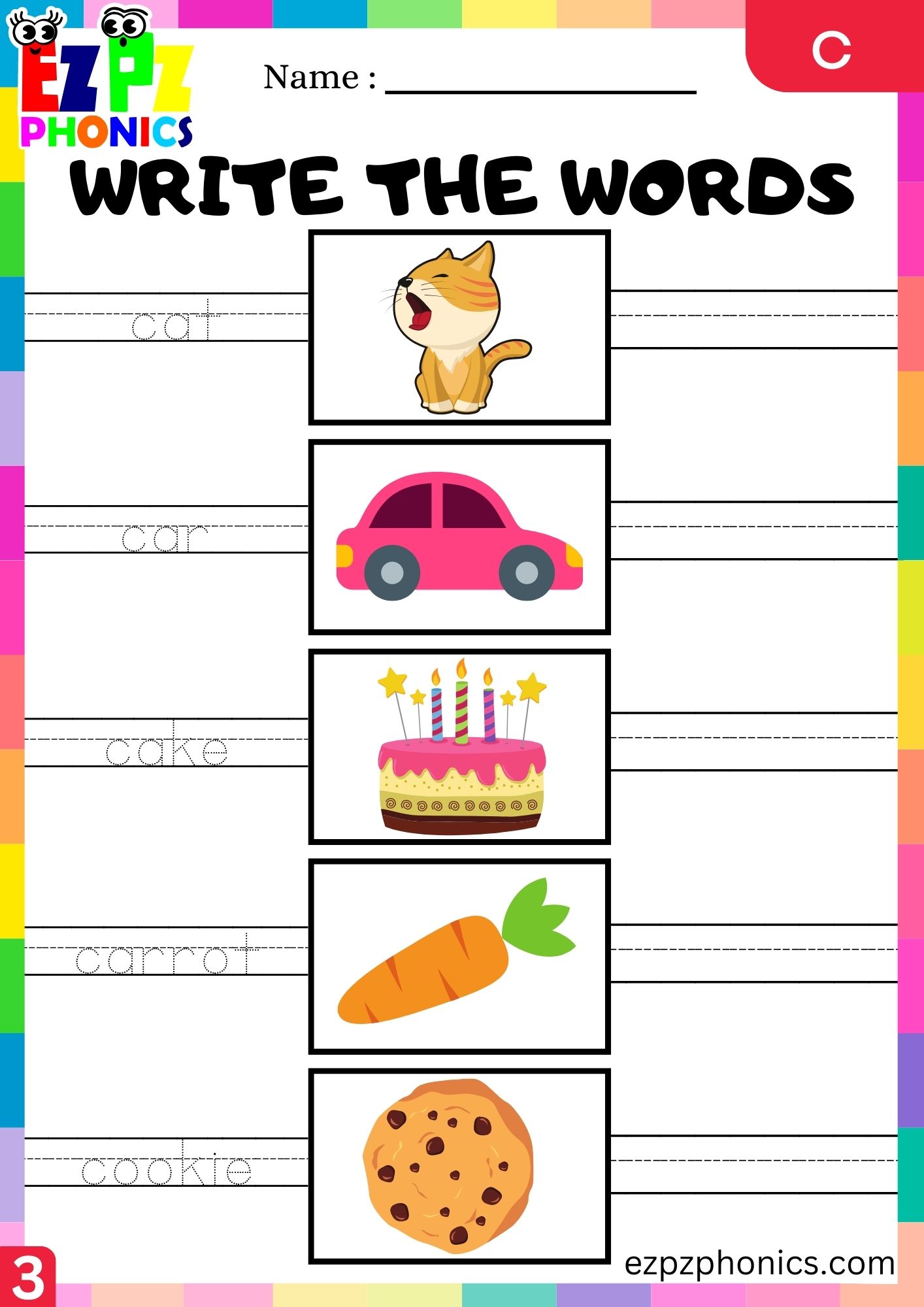 Letter c Write the Words Phonics Acitivity Group 3 - ezpzphonics.com