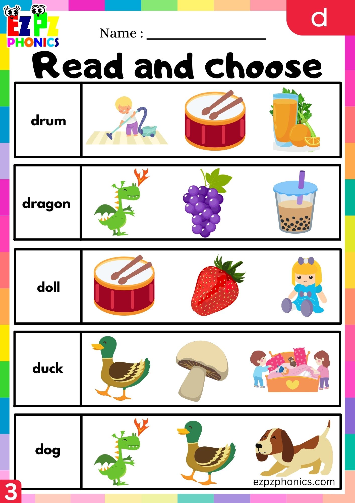 Letter d Read and Choose the Image Phonics Activity for Kids Group 3 ...