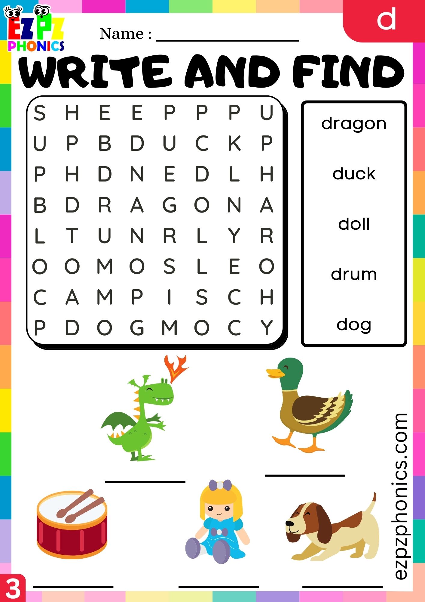 Letter d Word Search Phonics Activity for Kids Group 3 - ezpzphonics.com
