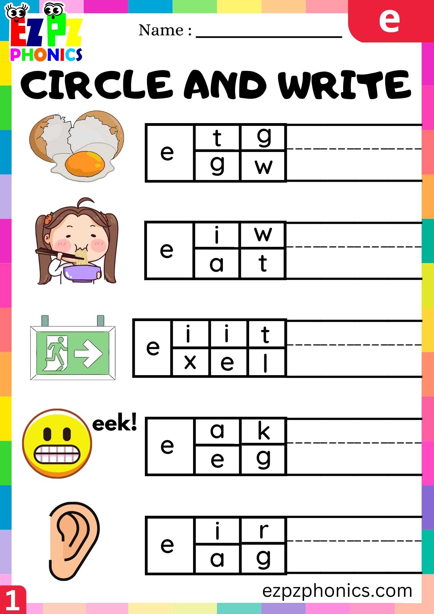 Letter E Circle And Write Beginning Sounds Worksheet - ezpzphonics.com