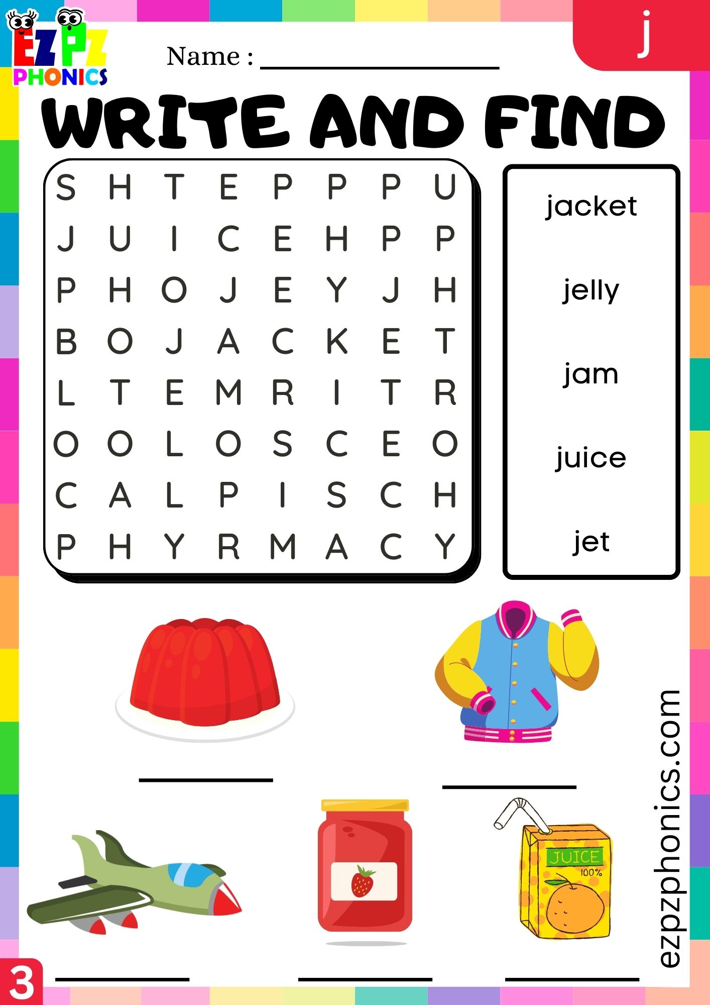 Letter j Word Search Write and Find the Words Phonics Activity Group 3 ...