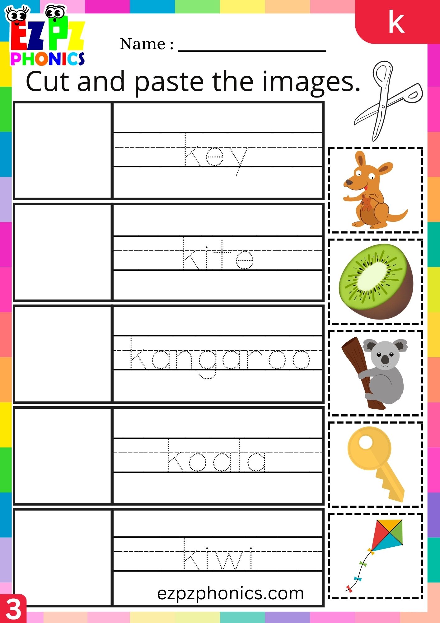 Letter k Cut and Paste the Images and Write the Words Group 3 ...