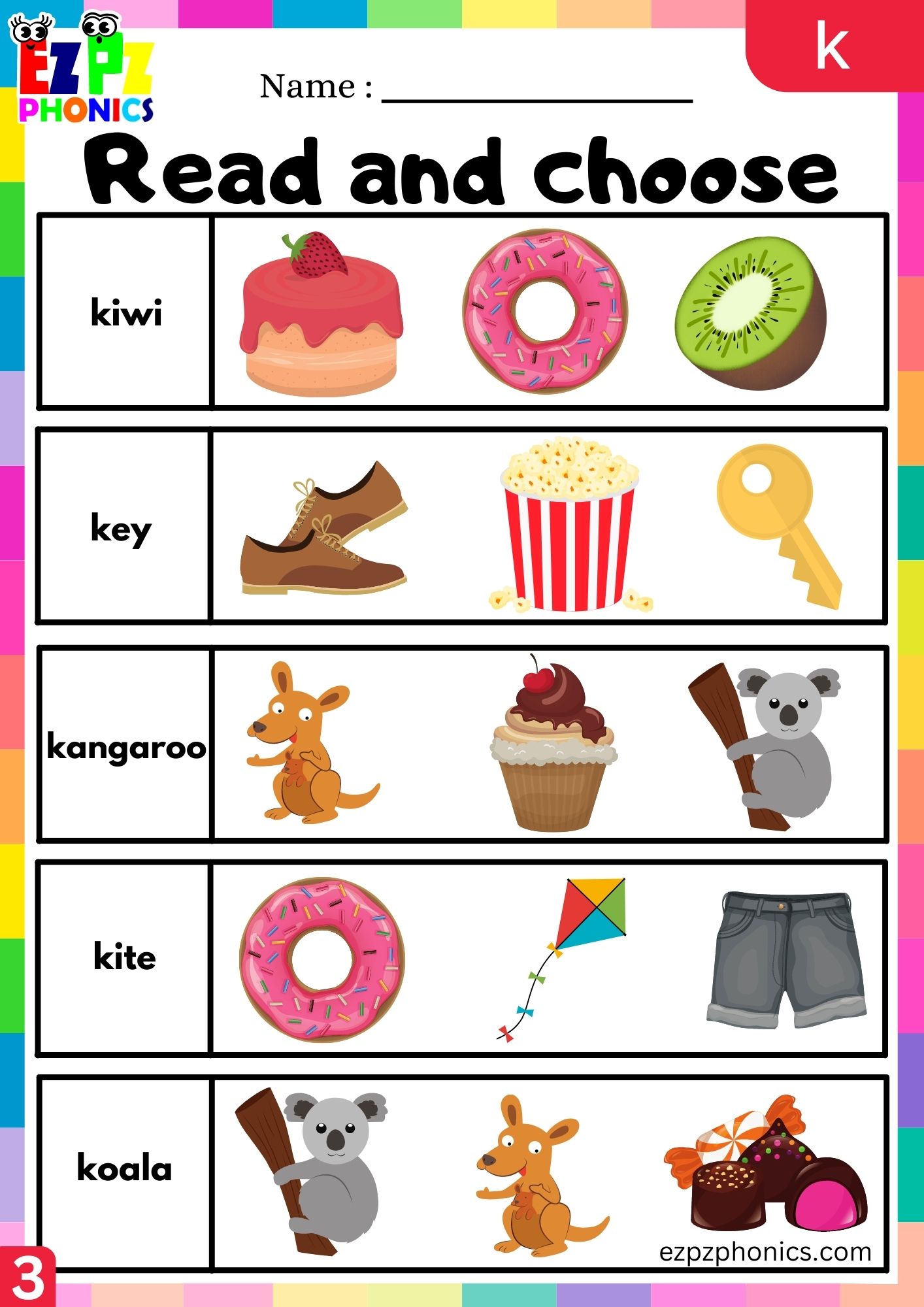 Letter k Read and Choose the Image Group 3 - ezpzphonics.com