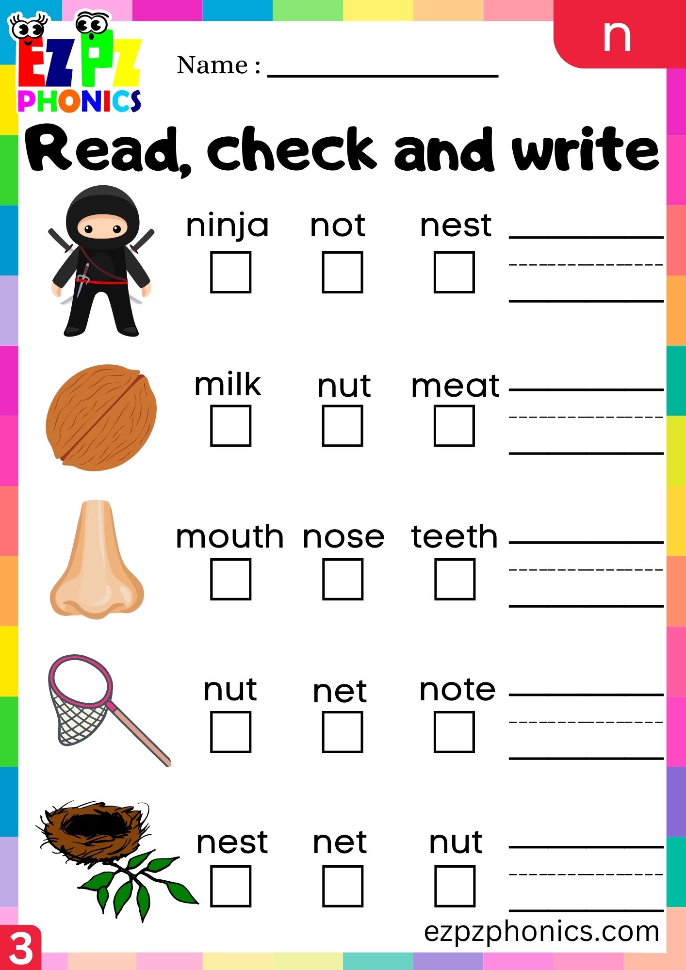 Letter n Read Check and Write the Words Phonics Activity Group 3 ...