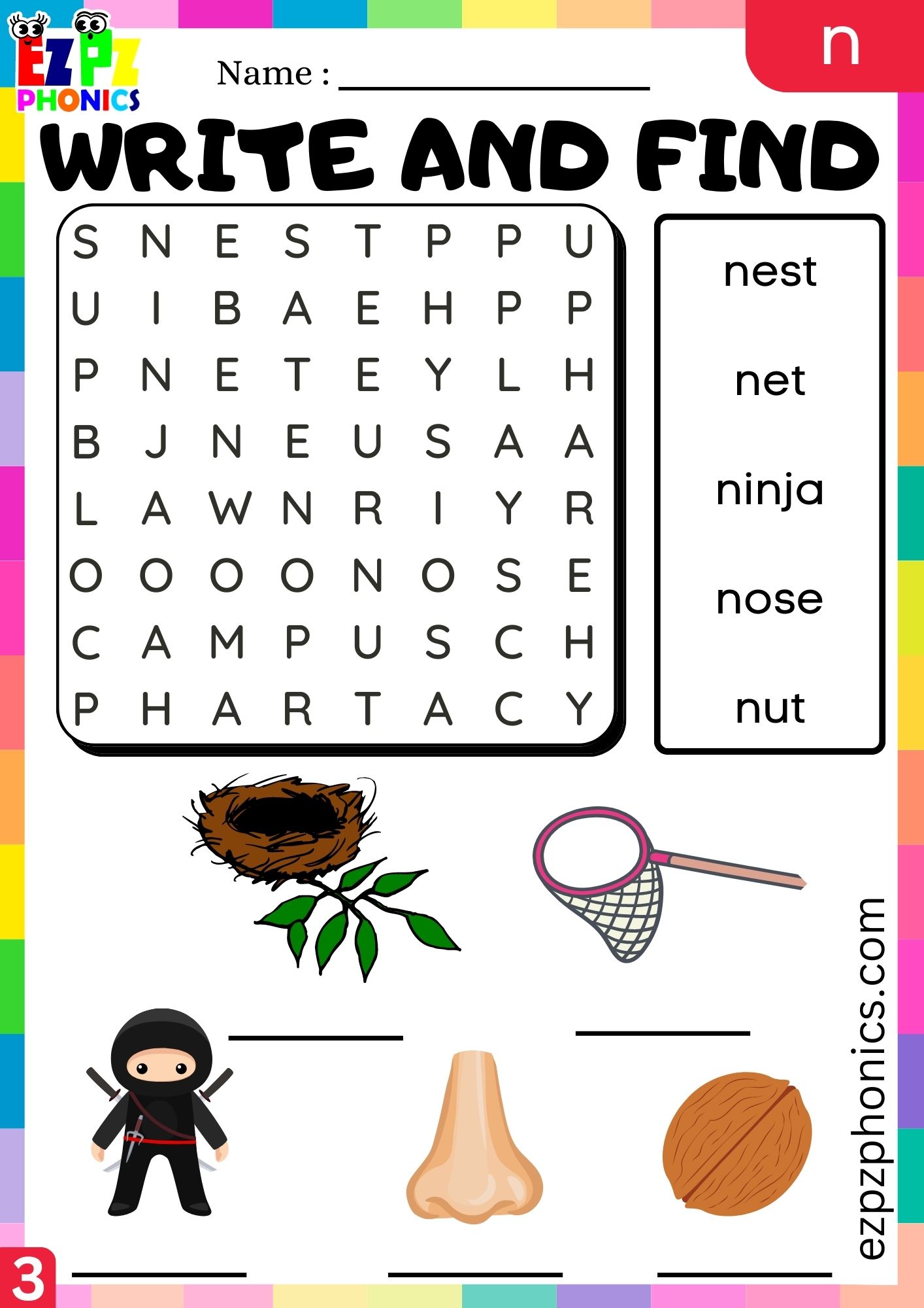 Letter n Word Search Write and Find the Words Phonics Activity Group 3 ...