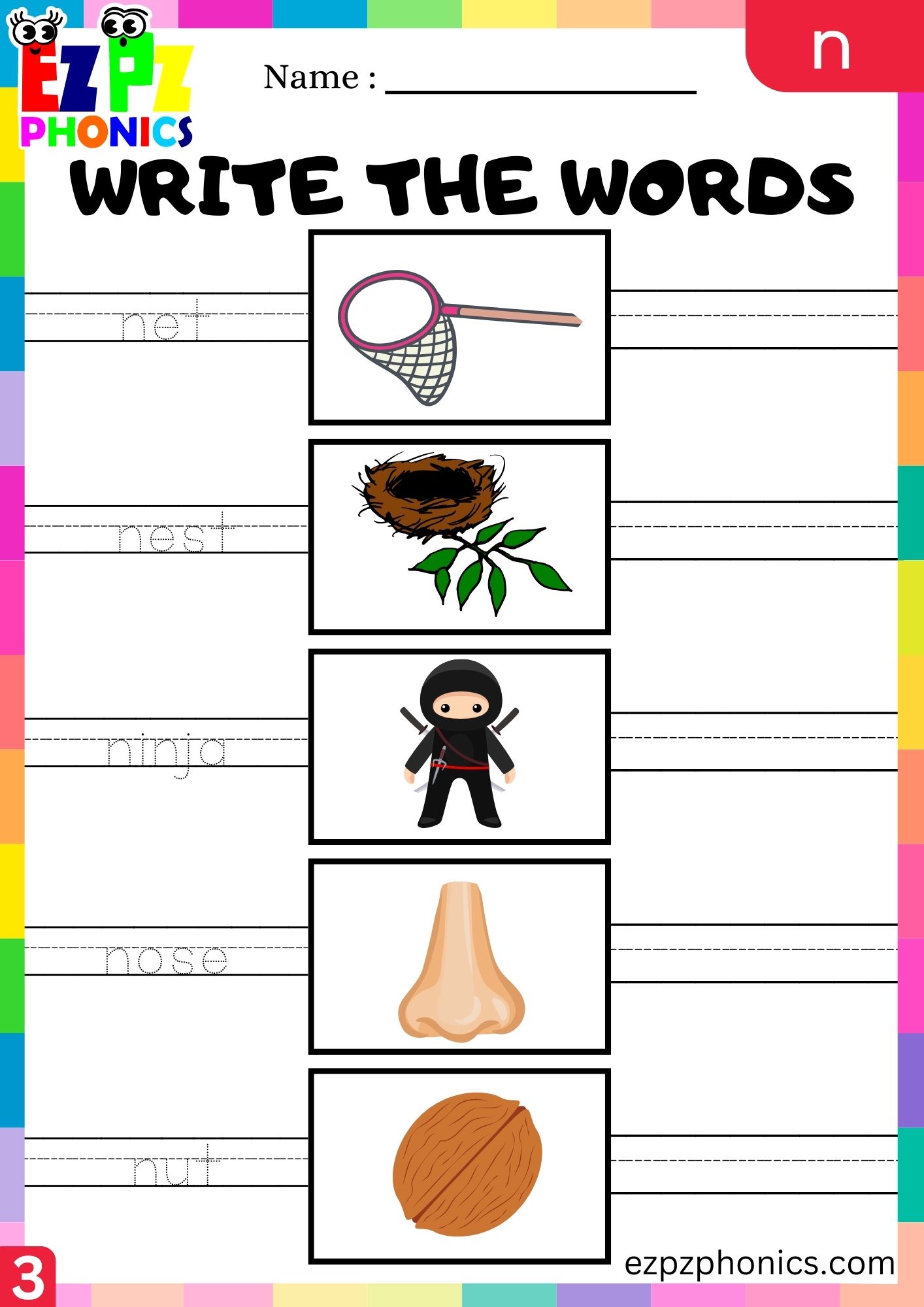 Letter n Write the Words Phonics Activity Group 3 - ezpzphonics.com