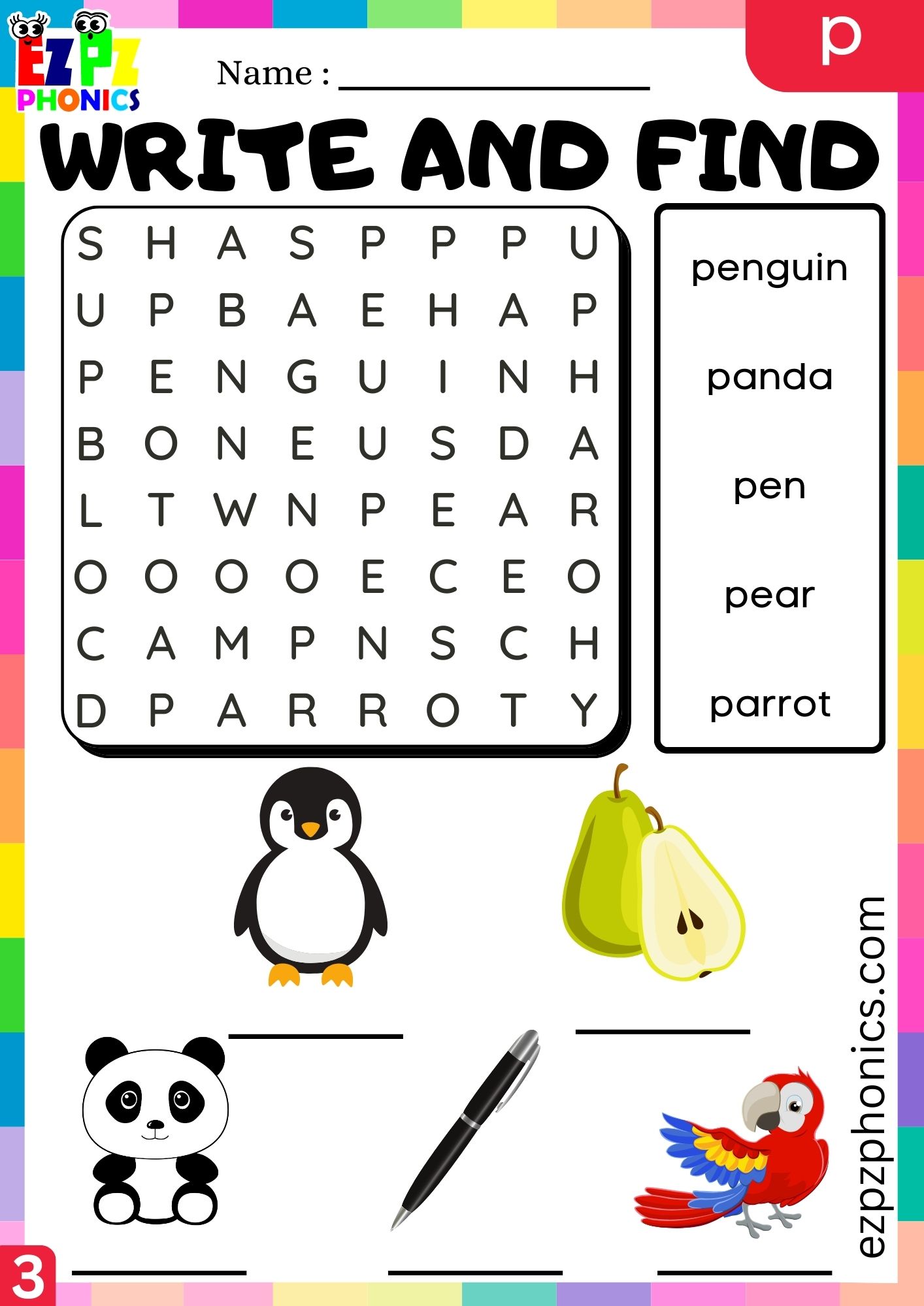 Letter p Word Search Write and Find the Words Group 3 - ezpzphonics.com