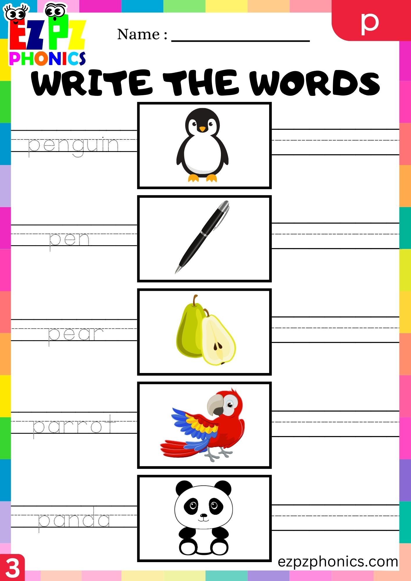 Letter p Write the Words Phonics Activity Group 3 - ezpzphonics.com