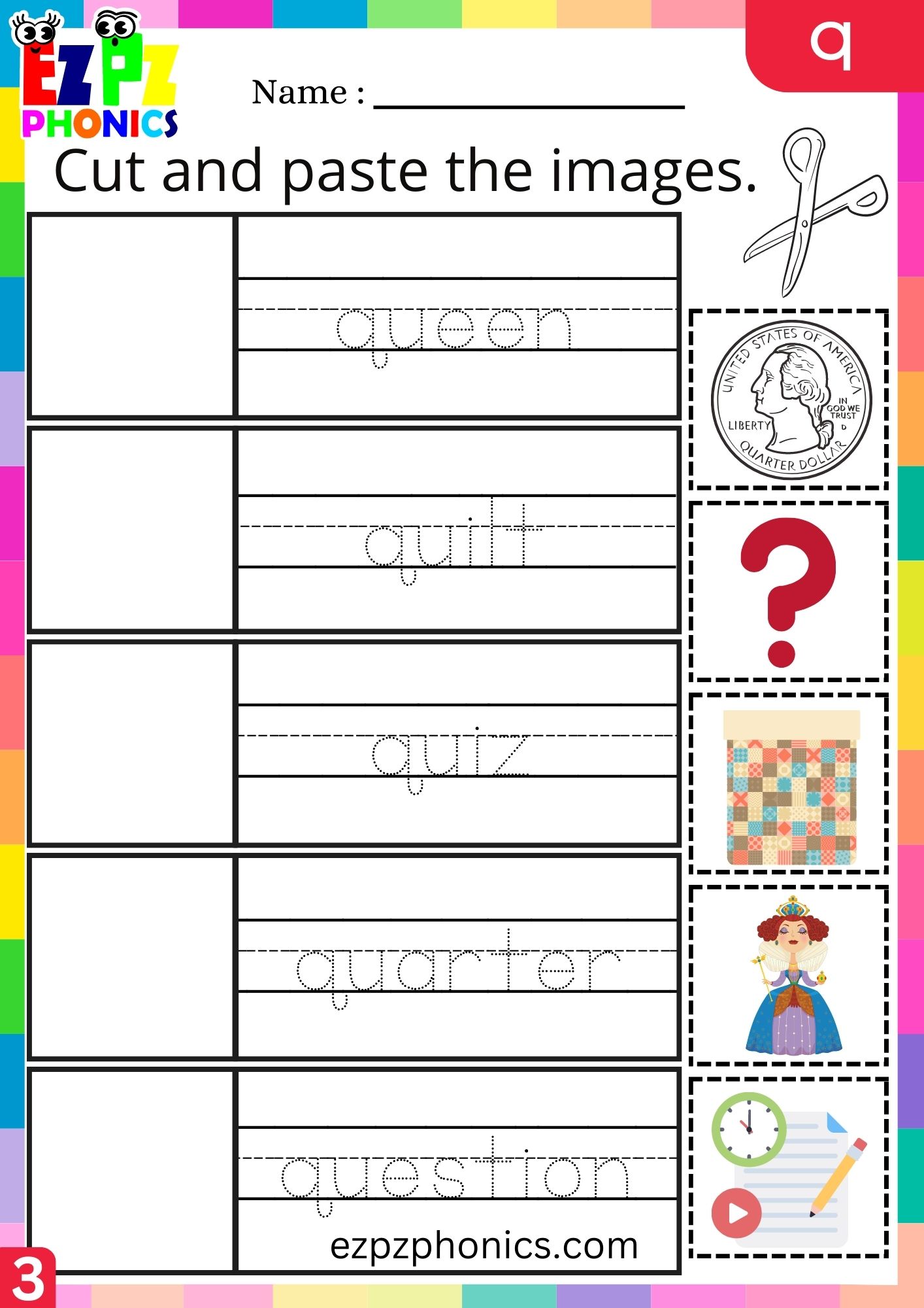 Letter q Cut and Paste the Images and Write the Words Group 3 ...
