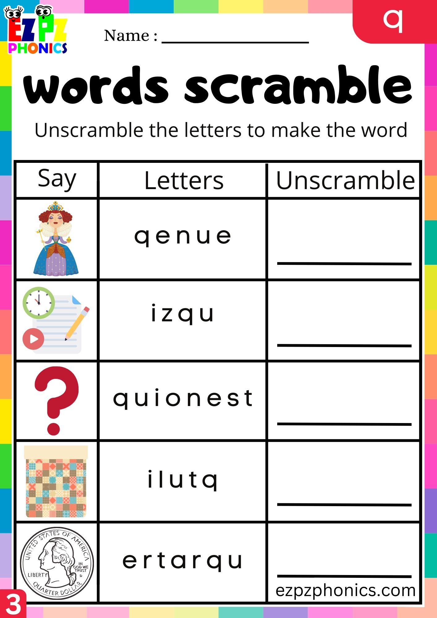 Letter q Word Scramble Write the Words Phonics Activity Group 3 ...