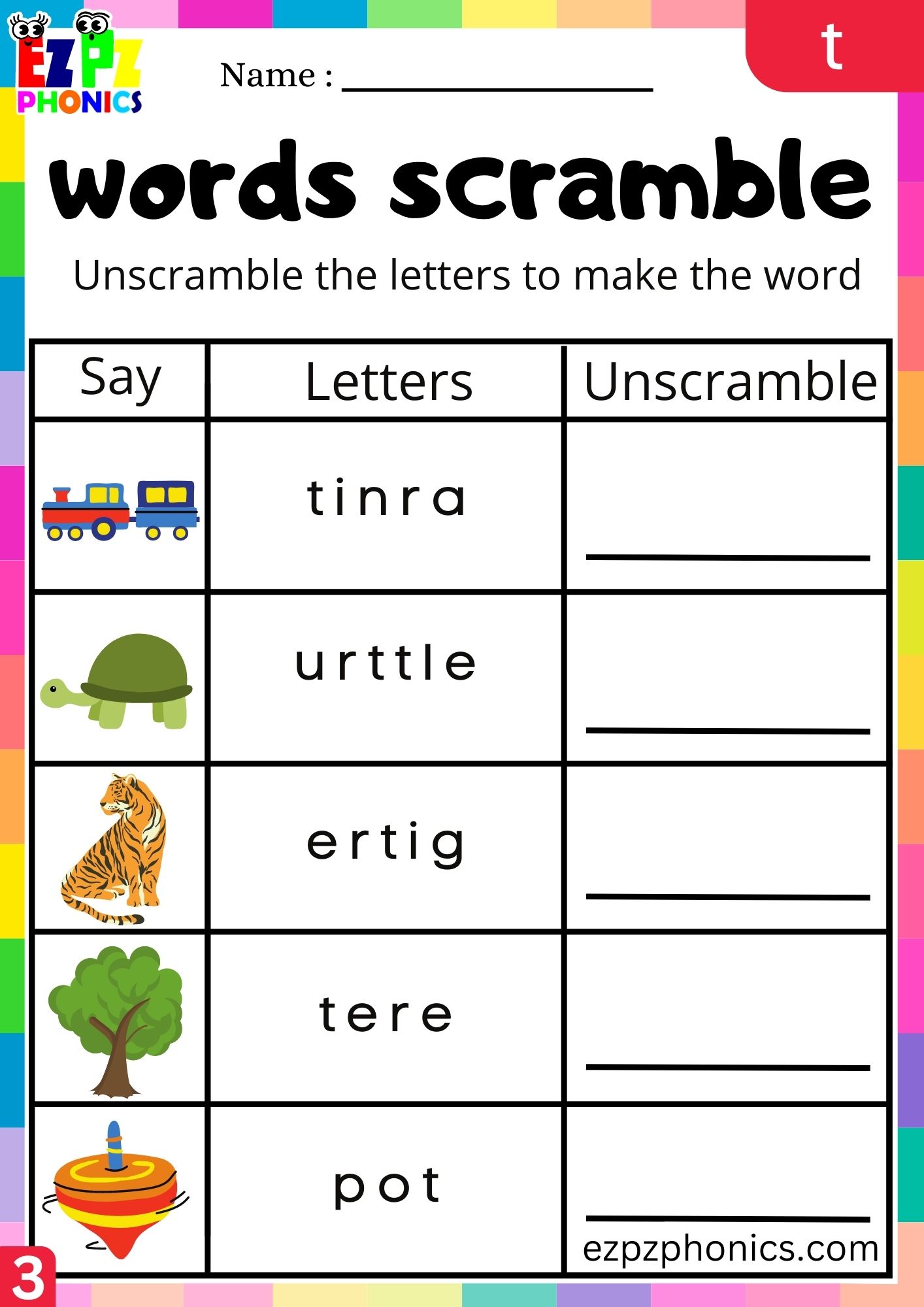 Letter t Word Scramble Write the Words Phonics Activity Group 3 ...