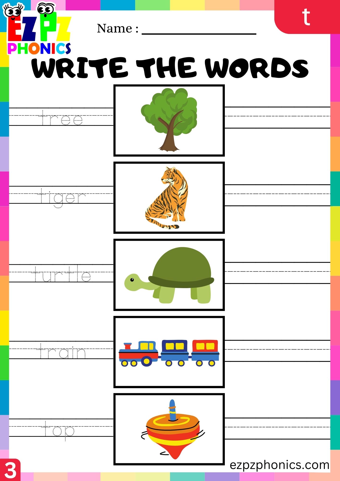 Letter t Write the Words Phonics Activity Group 3 - ezpzphonics.com