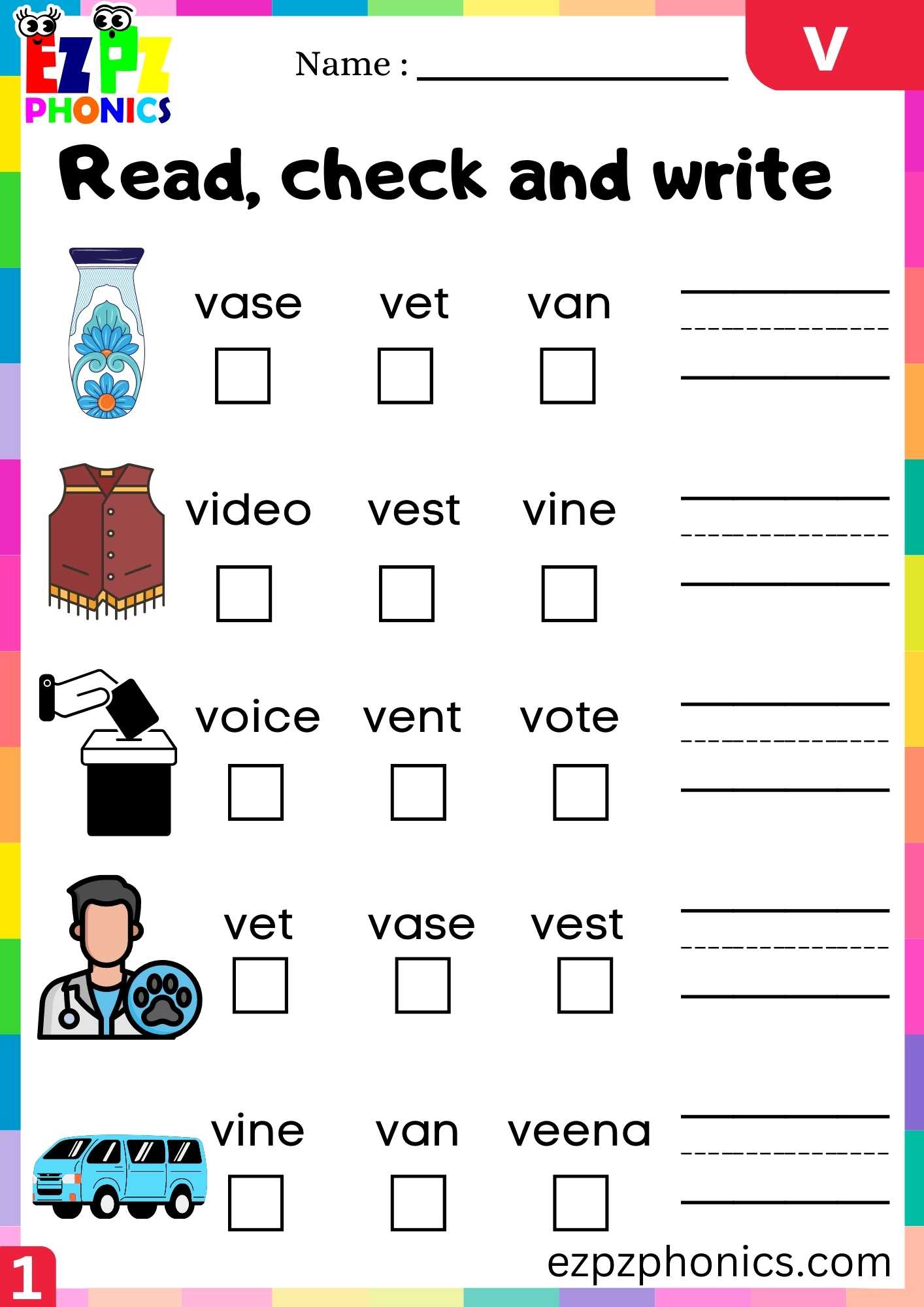 Letter V Read, Check And Write Beginning Sounds Worksheet - ezpzphonics.com