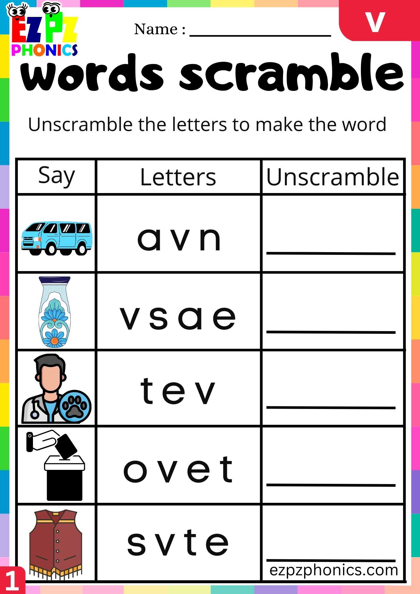Letter V Words Scramble Beginning Sounds Worksheet - ezpzphonics.com