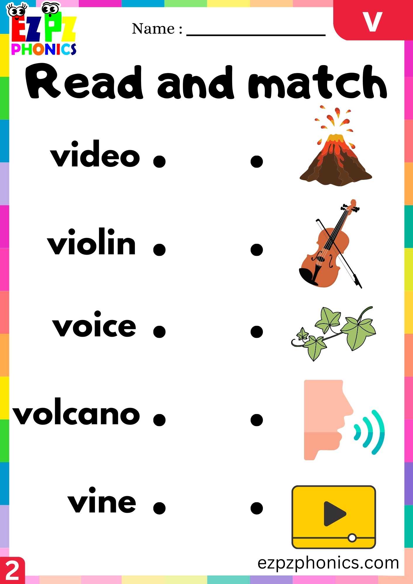 Group2 Letter V Read And Match Beginning Sounds Worksheet - ezpzphonics.com