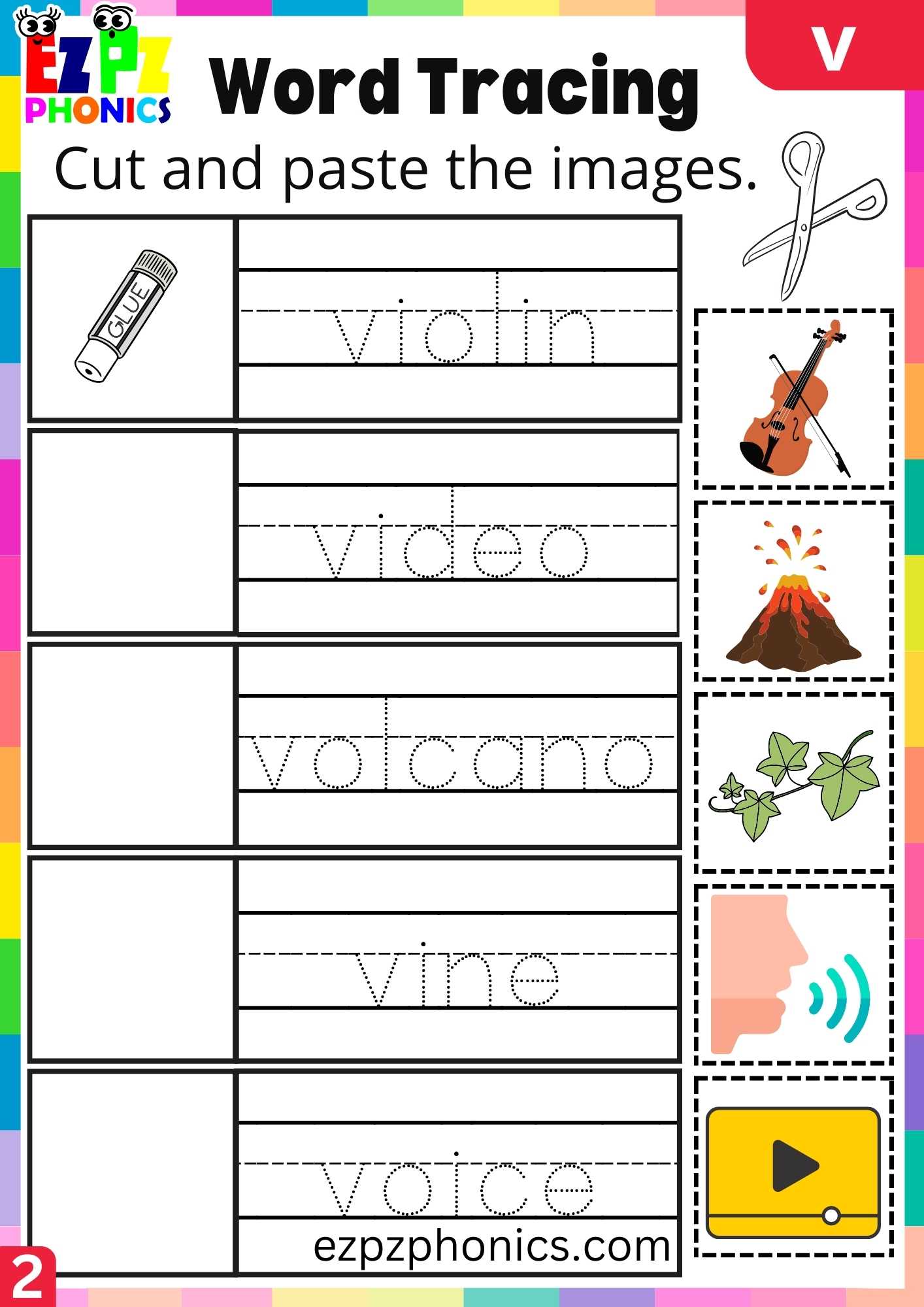 Group2 Letter V Word Tracing Beginning Sounds Worksheet - ezpzphonics.com