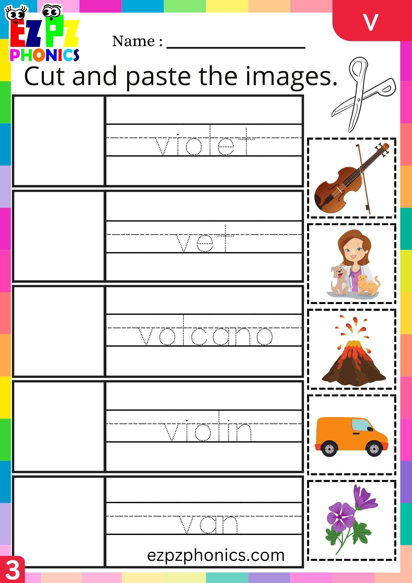 Letter v Cut and Paste the Images and Write the Words Group 3 ...