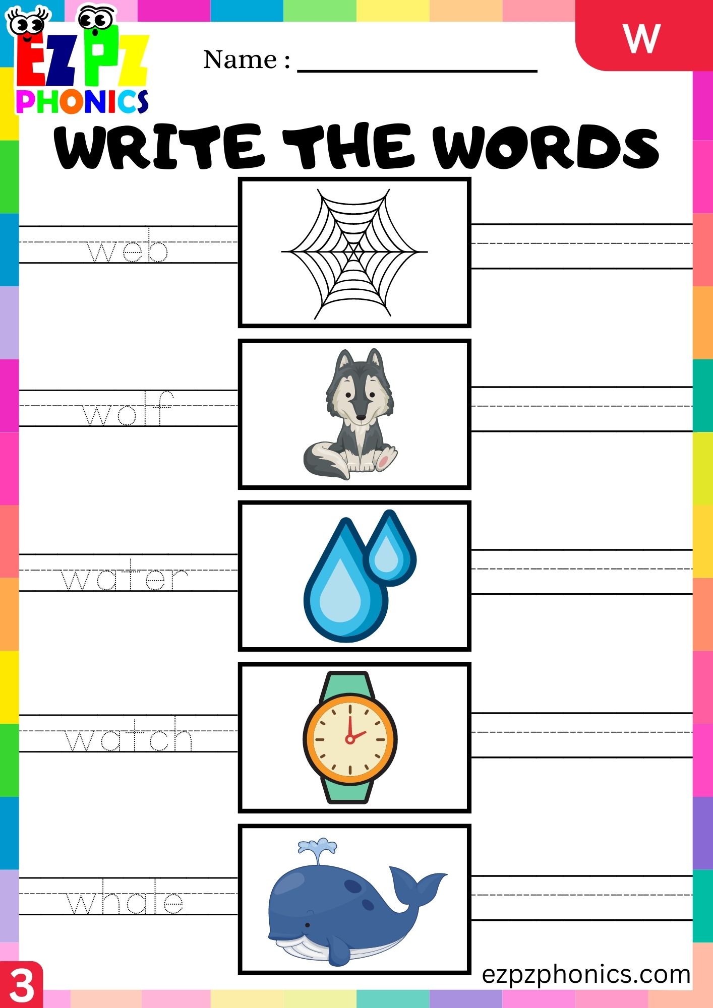 Letter w Write the Words Phonics Activity Group 3 - ezpzphonics.com