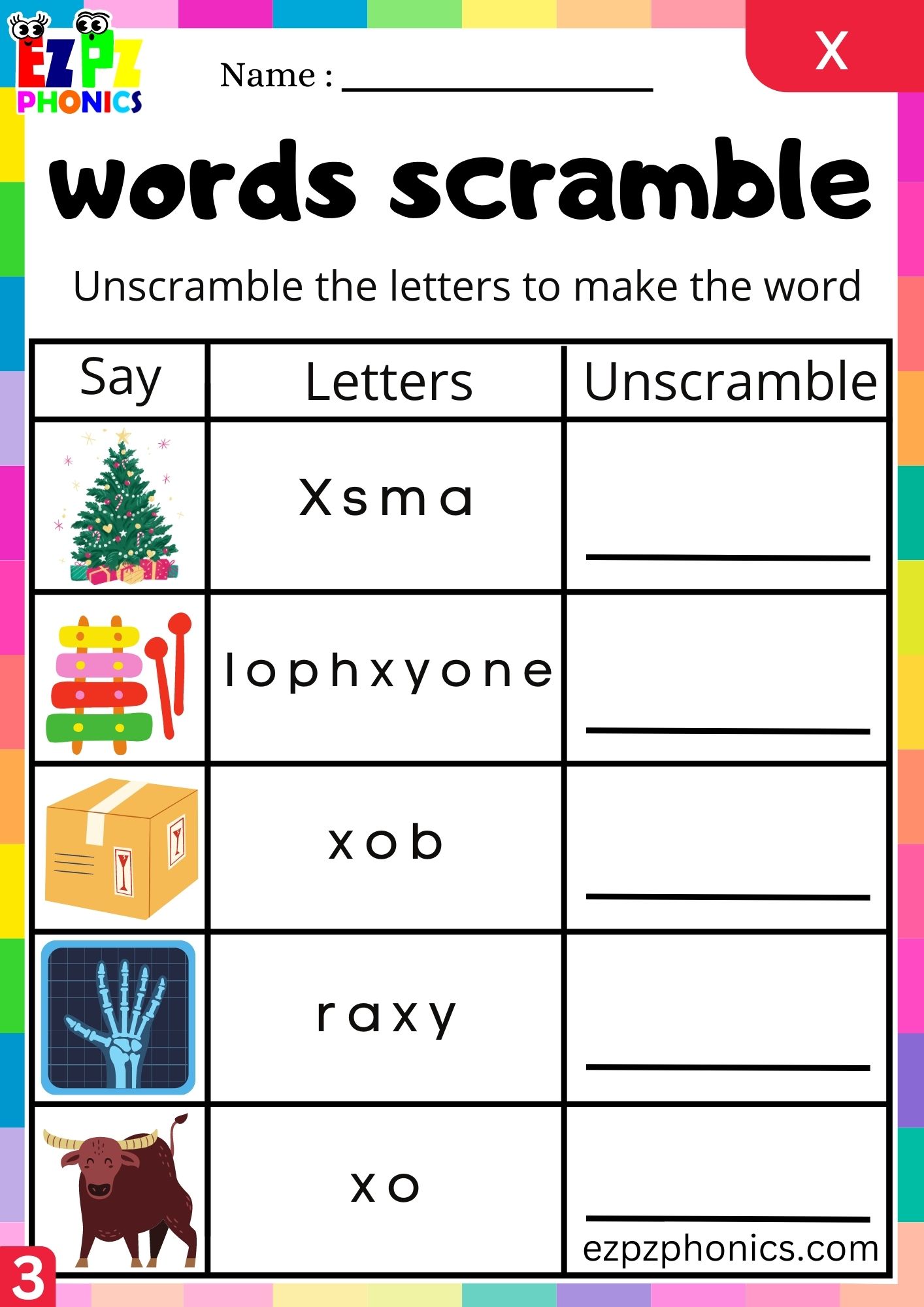 Letter x Word Scramble Write the Words Phonics Activity Group 3 ...