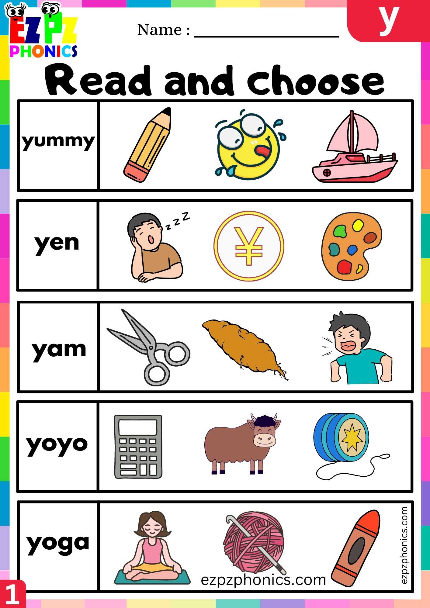 Letter Y Read And Choose Beginning Sounds Worksheet - ezpzphonics.com