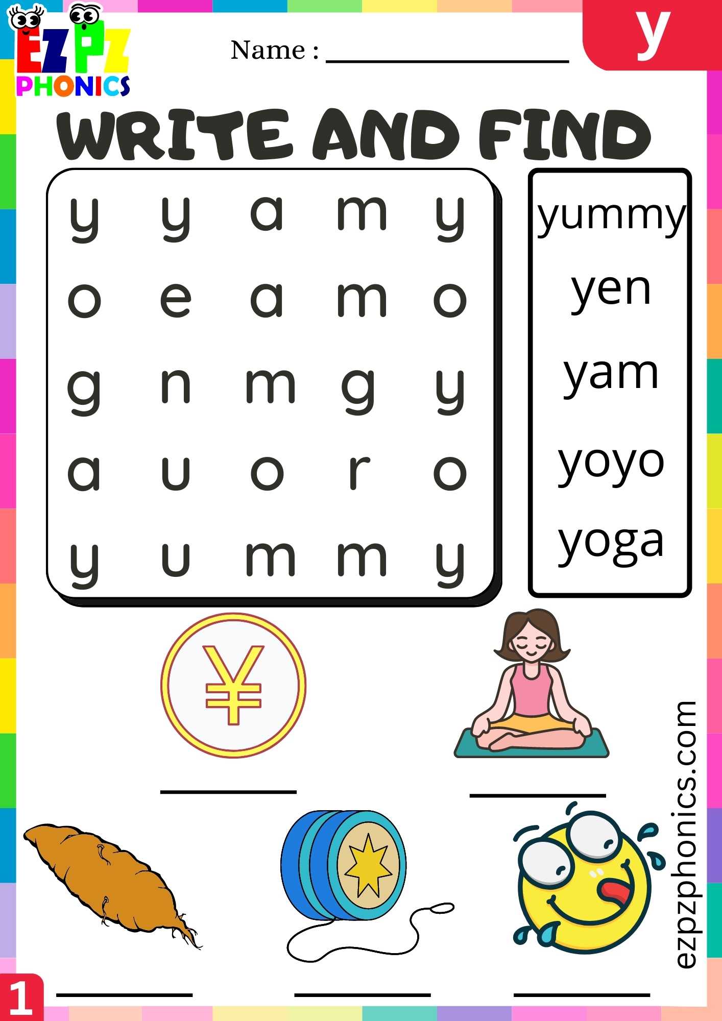Letter Y Write And Find Beginning Sounds Worksheet - ezpzphonics.com
