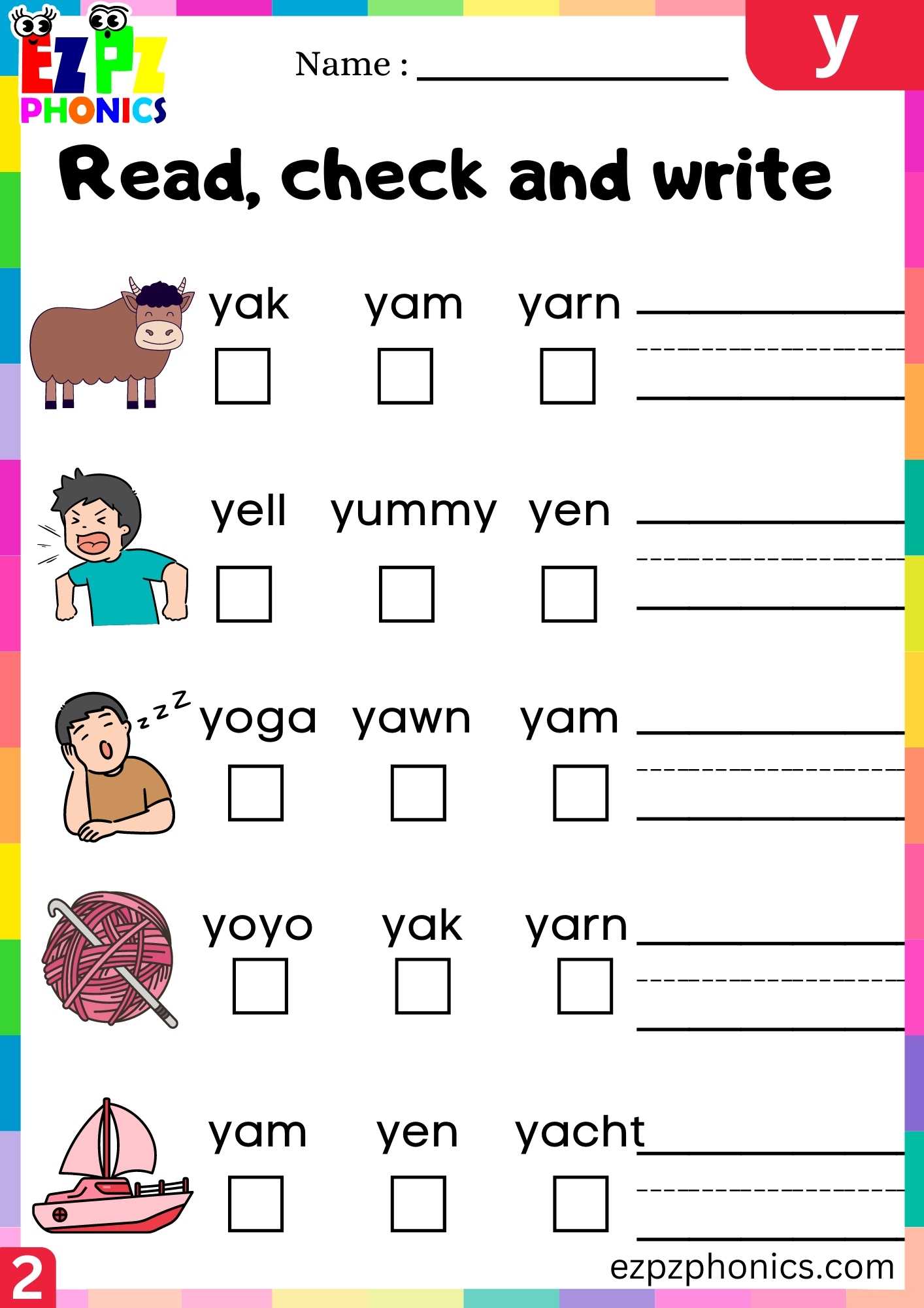 Group2 Letter Y Read, Check And Write Beginning Sounds Worksheet ...