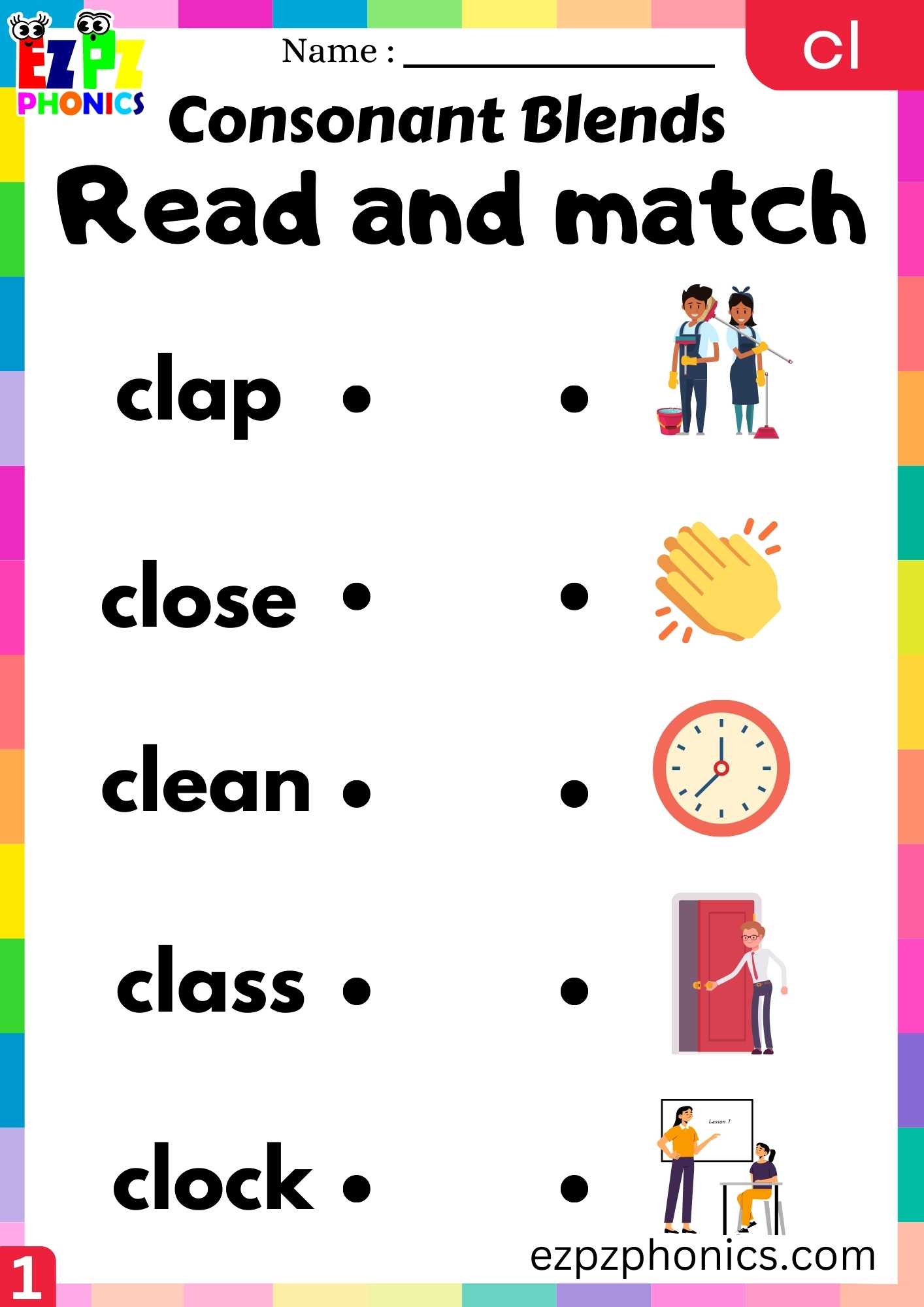 Group1 CL Words Read And Match Phonics Consonant Blends Worksheet ...