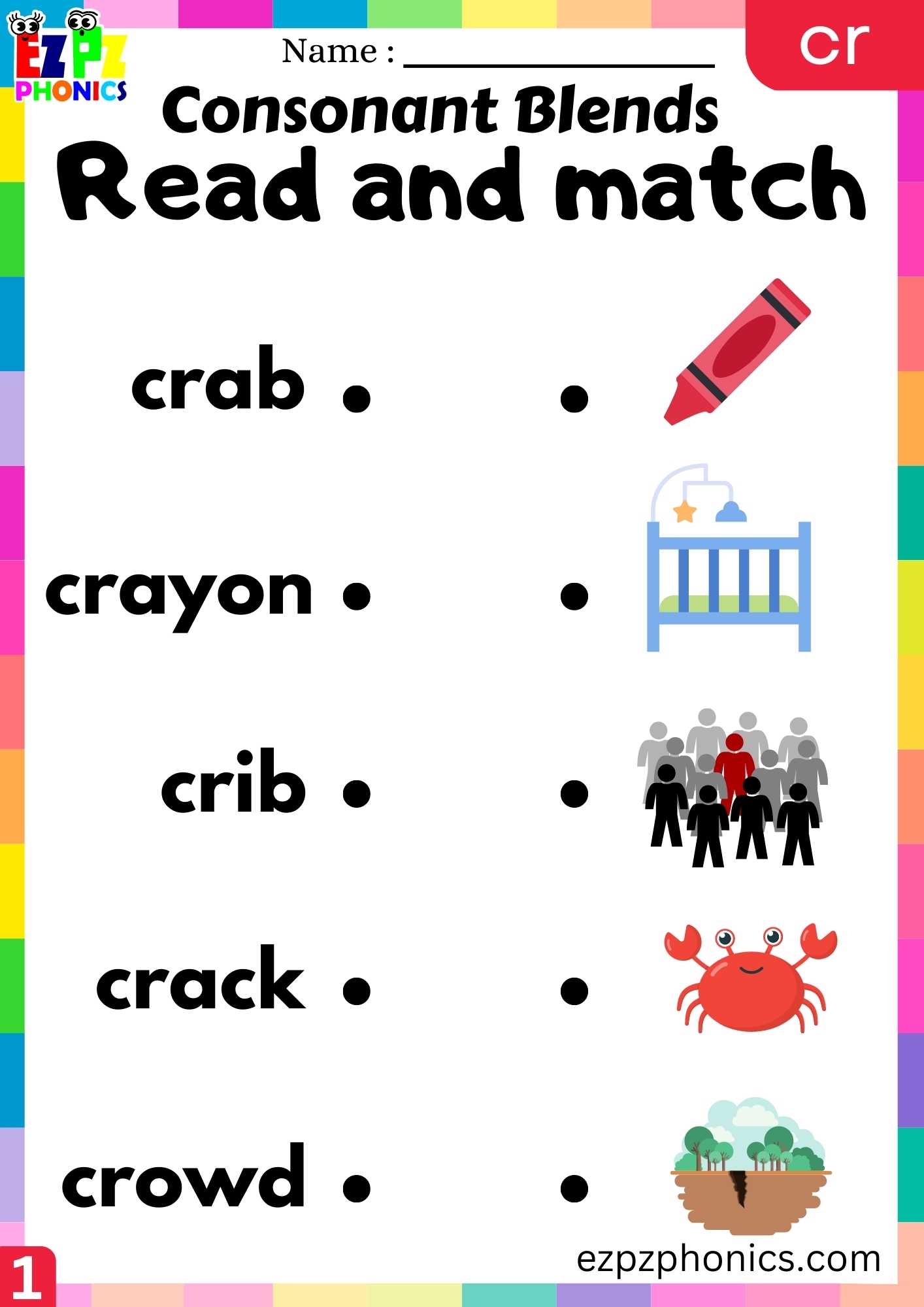 Group1 CR Words Read And Match Phonics Consonant Blends Worksheet ...