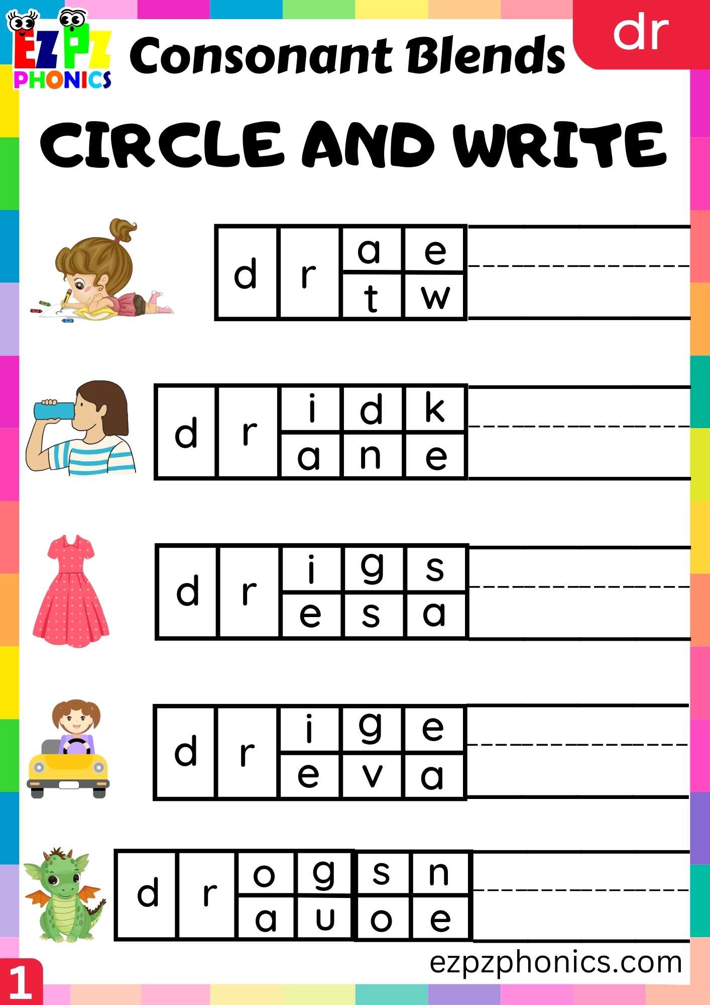 Group1 DR Words Circle And Write Phonics Consonant Blends Worksheet ...