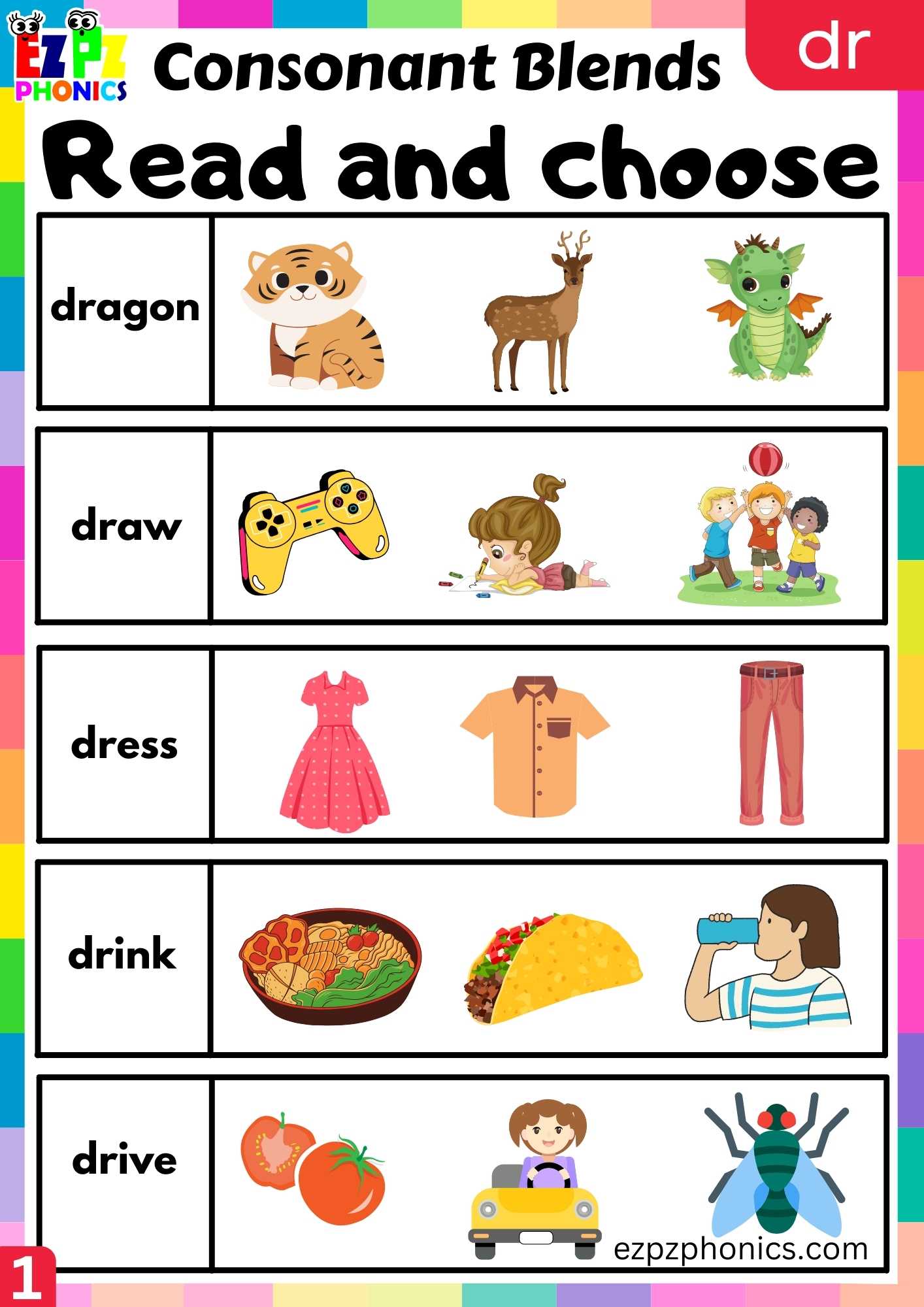 Group1 DR Words Read And Choose Phonics Consonant Blends Worksheet ...