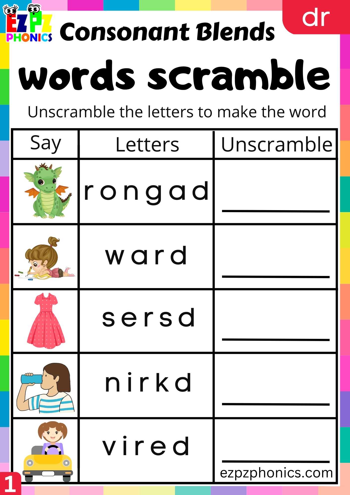 Group1 DR Words Words Scramble Phonics Consonant Blends Worksheet ...