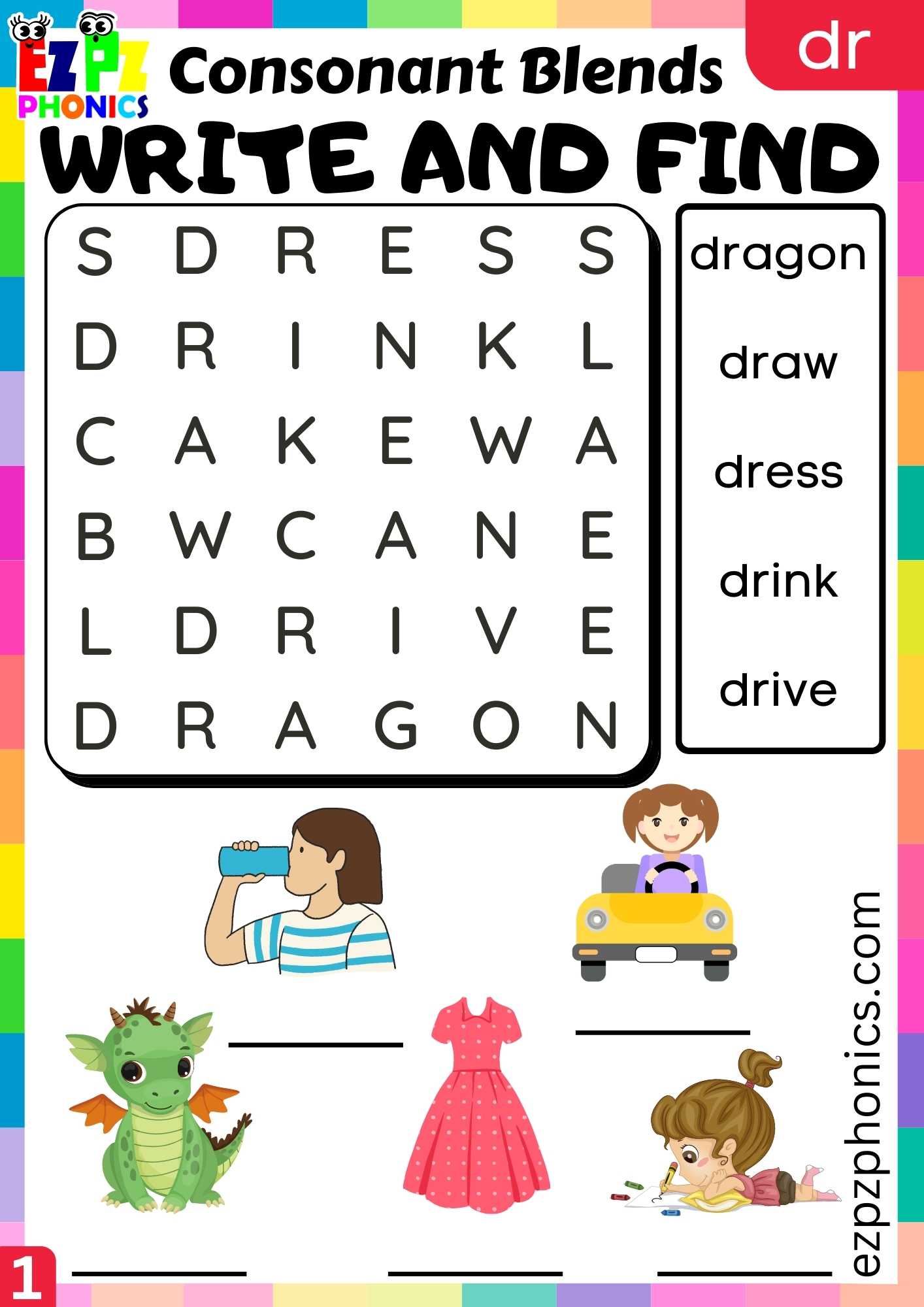 Group1 DR Words Write And Find Phonics Consonant Blends Worksheet ...