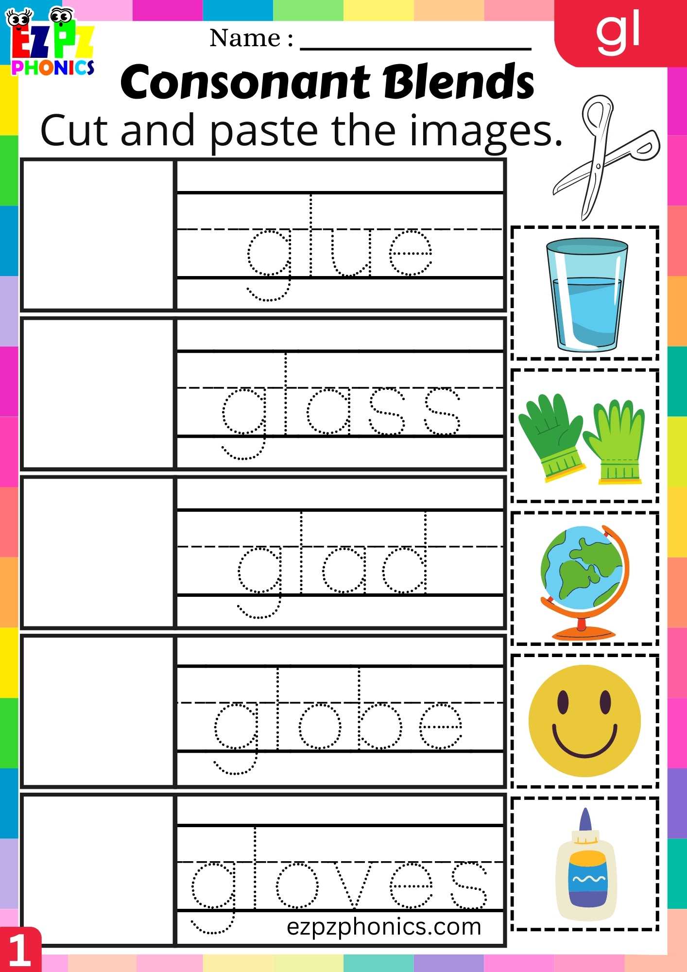 Group1 GL Words Cut And Paste The Images Phonics Consonant Blends ...